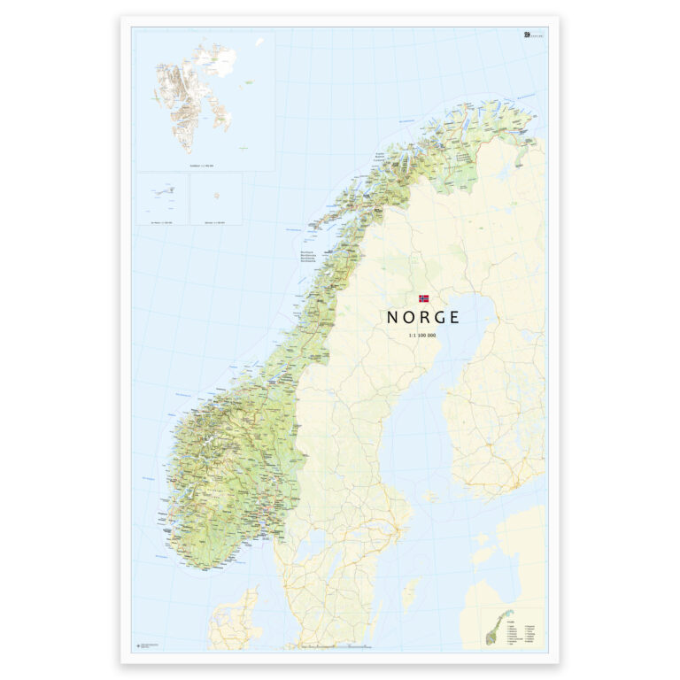 Norgeskart med byer og fylkesgrenser | Veggkart i høy kvalitet