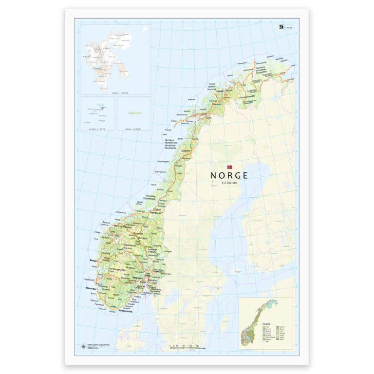 Norgeskart med byer og fylkesgrenser | Veggkart i høy kvalitet