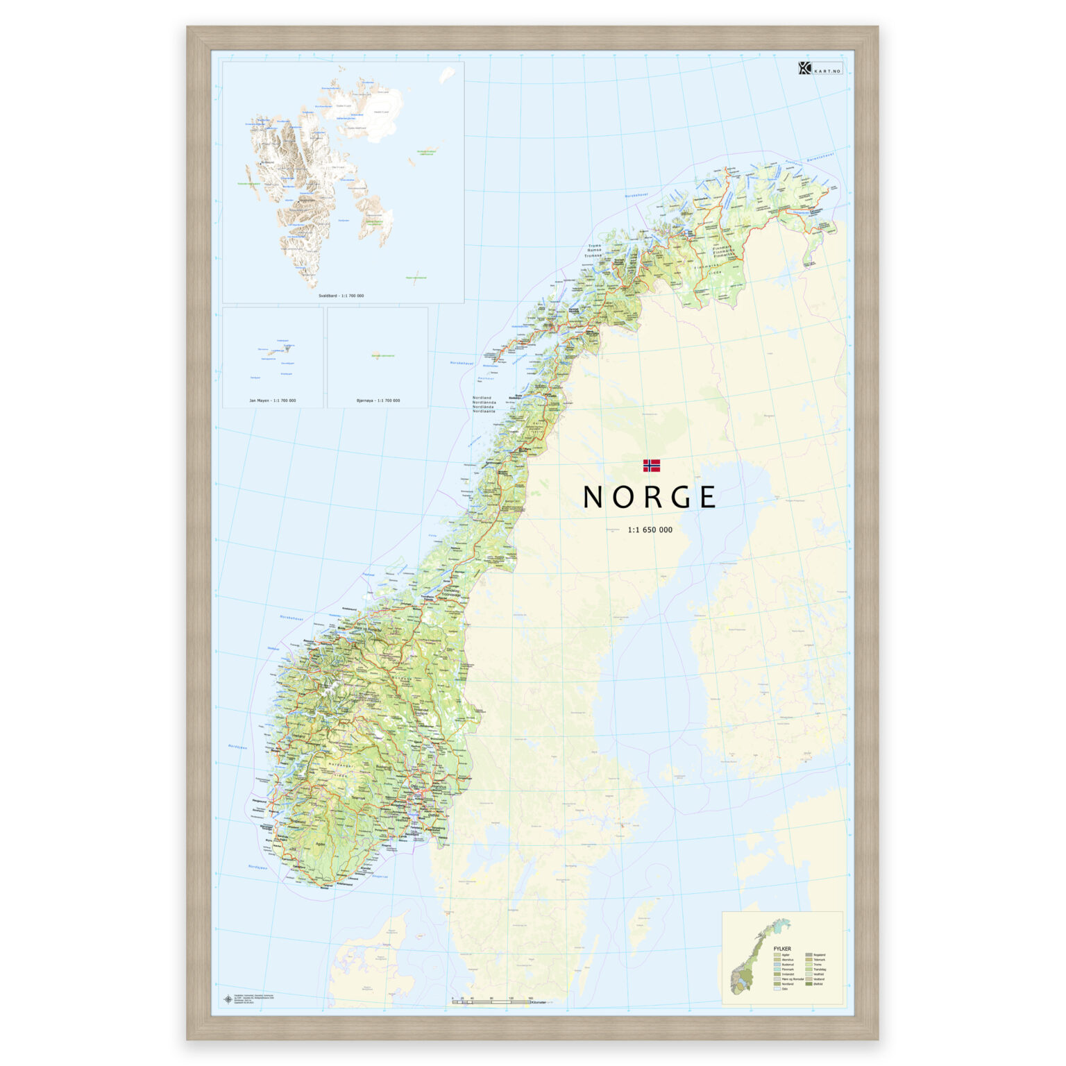 Norgeskart med byer og fylkesgrenser | Veggkart i høy kvalitet