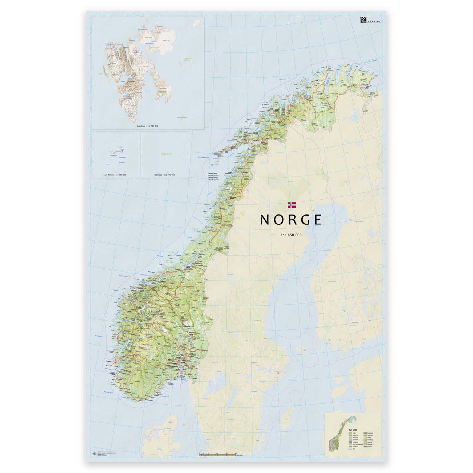 Norgeskart med byer og fylker – veggkart over Norge | Kart.no