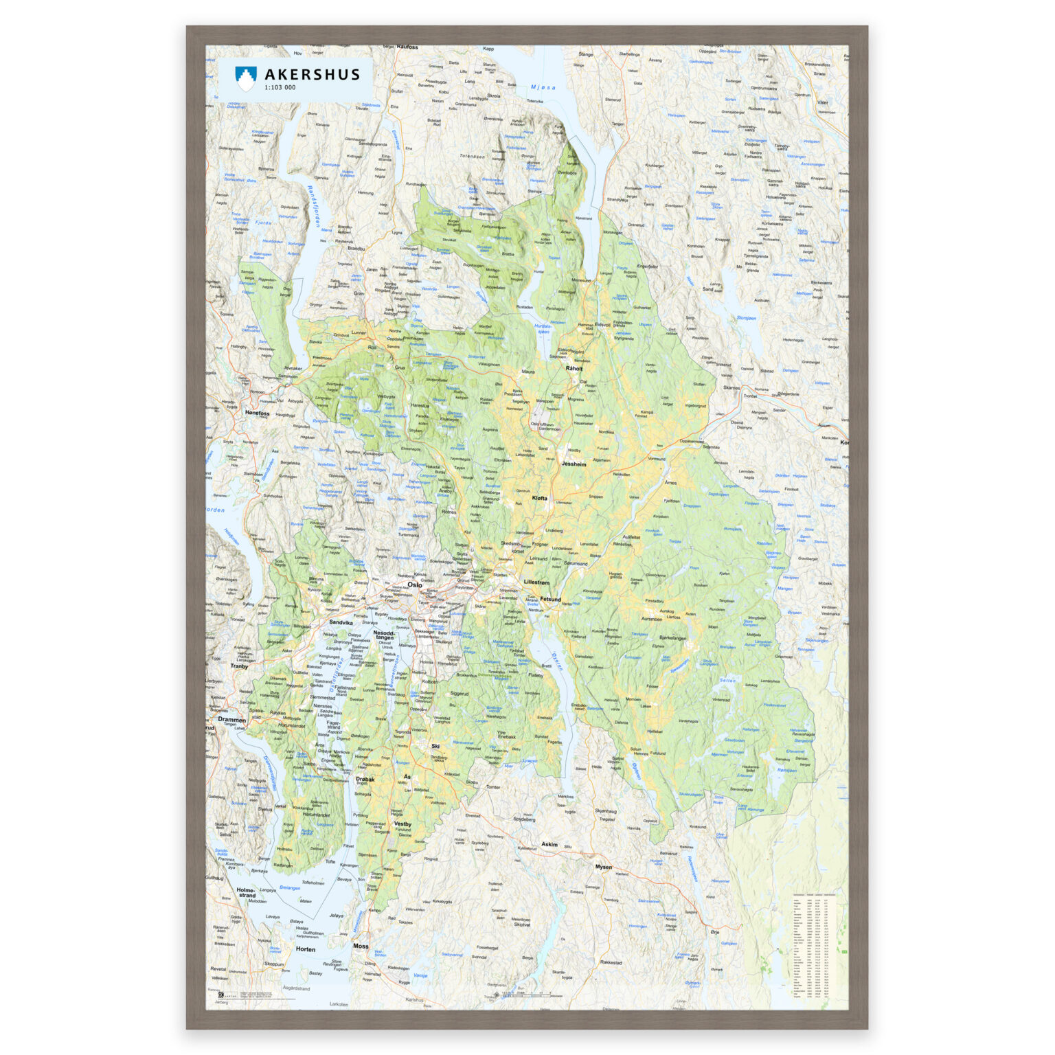 Kart over Akershus med kommuner | Plakat, plate eller innrammet