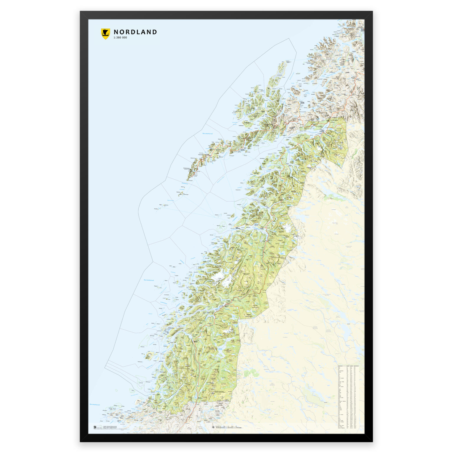 Kart over Nordland med kommuner | Plakat, plate eller innrammet