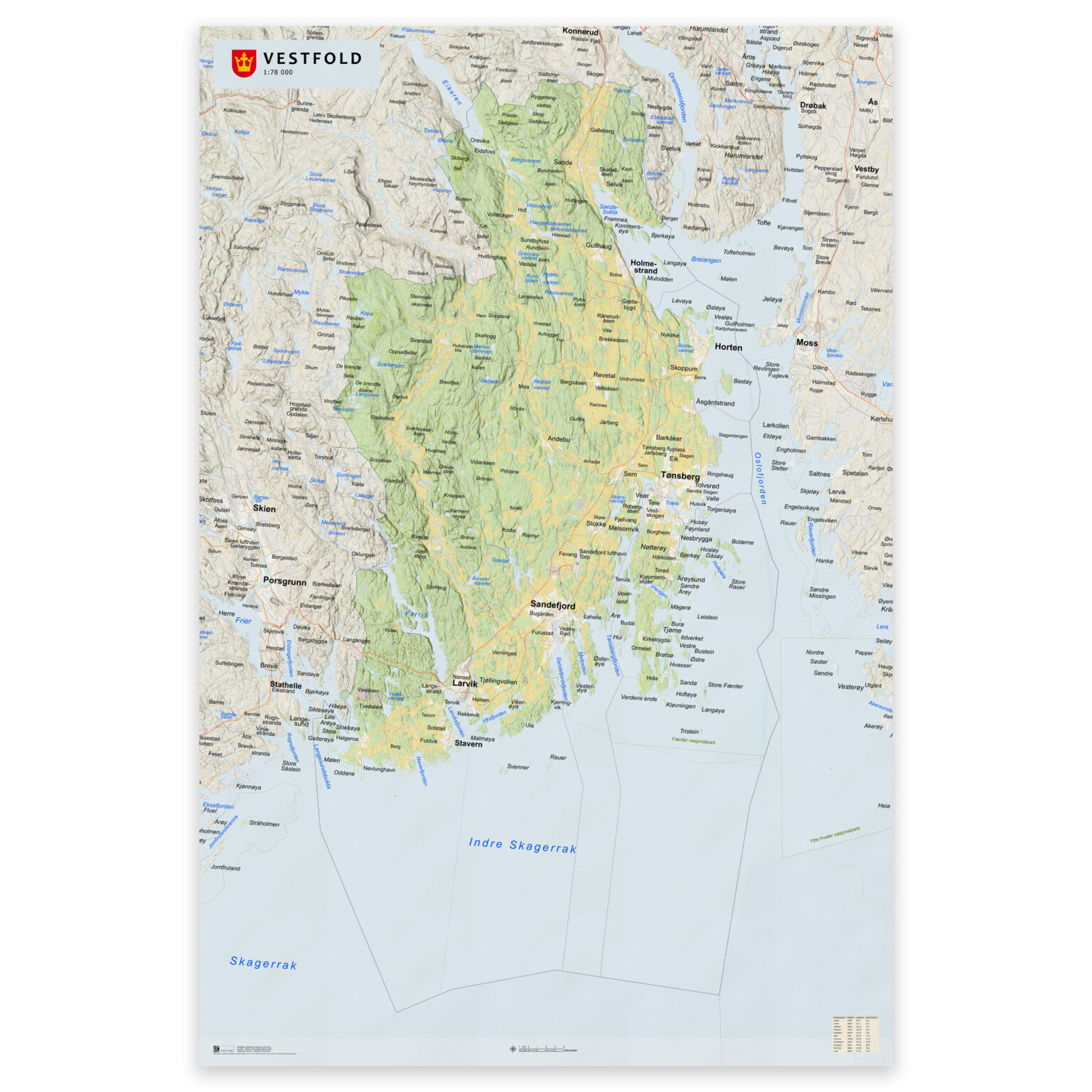 Kart over Vestfold fylke | Veggkart, plakat eller innrammet