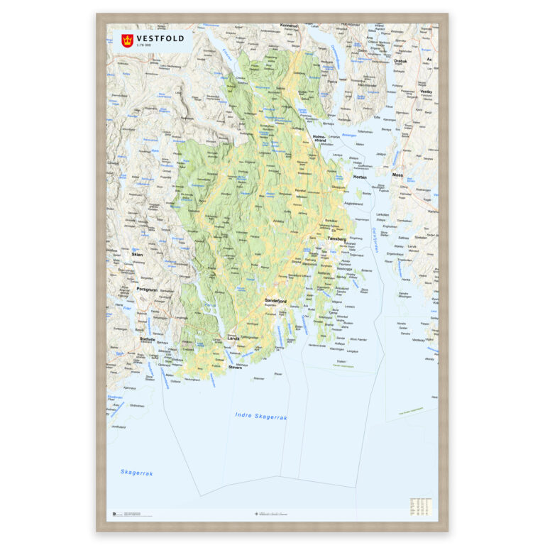 Kart over Vestfold fylke | Veggkart, plakat eller innrammet