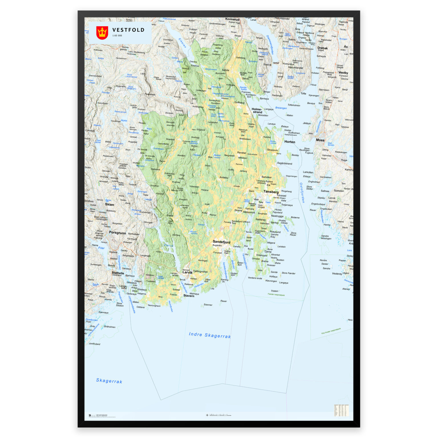 Kart over Vestfold fylke | Veggkart, plakat eller innrammet