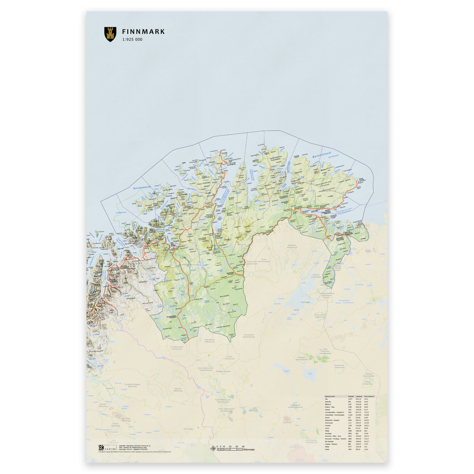 Kart over Finnmark fylke | Veggkart, plakat eller innrammet