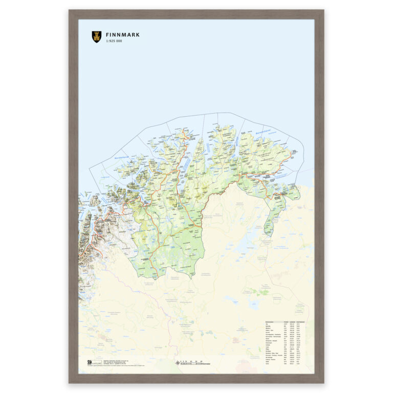 Kart over Finnmark fylke | Veggkart, plakat eller innrammet