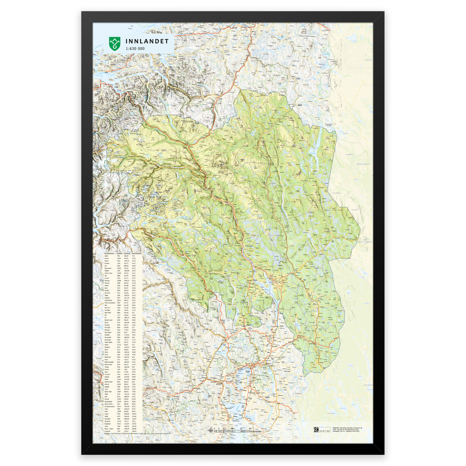 Kart over Innlandet med kommuner | Plakat, plate eller innrammet
