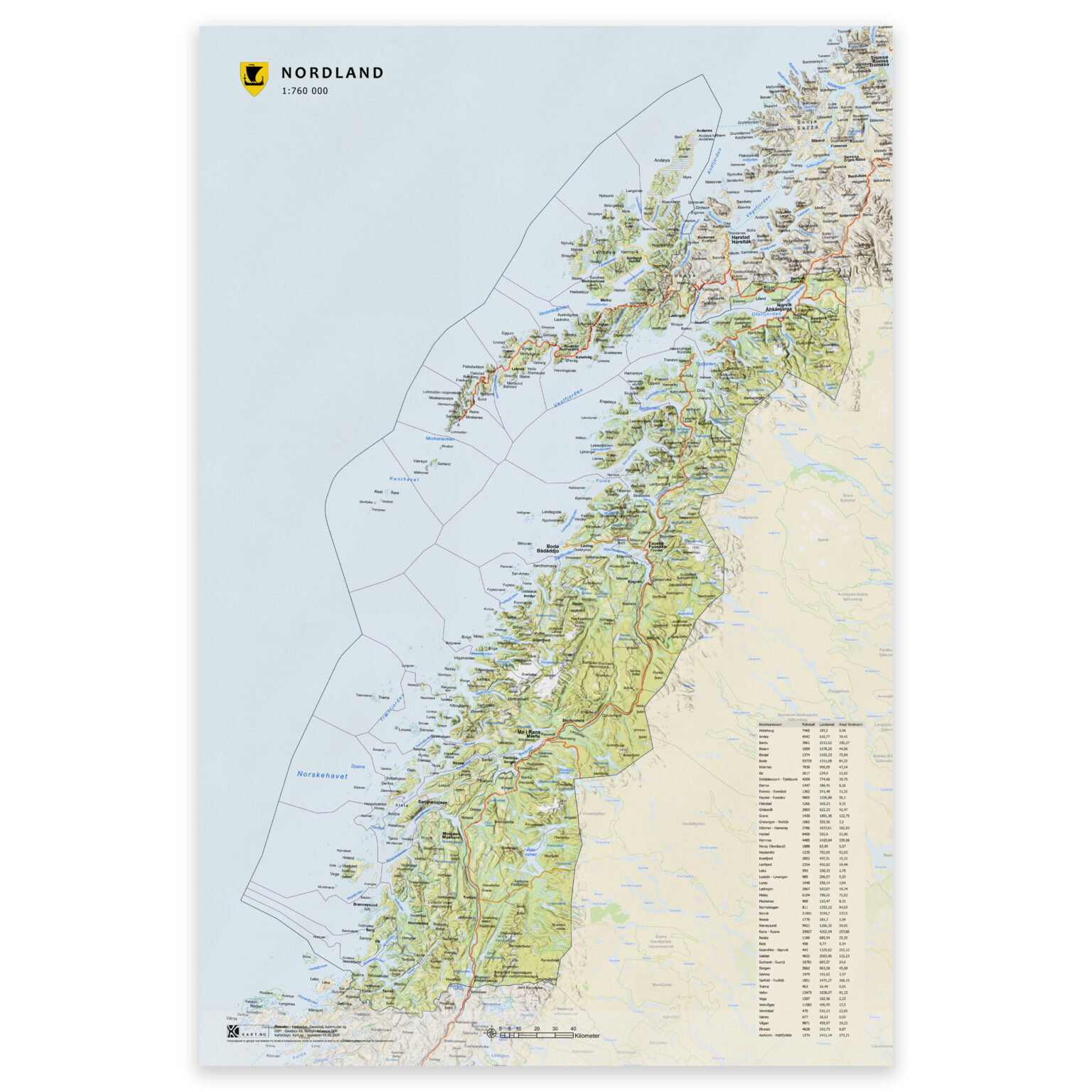 Kart over Nordland med kommuner | Plakat, plate eller innrammet