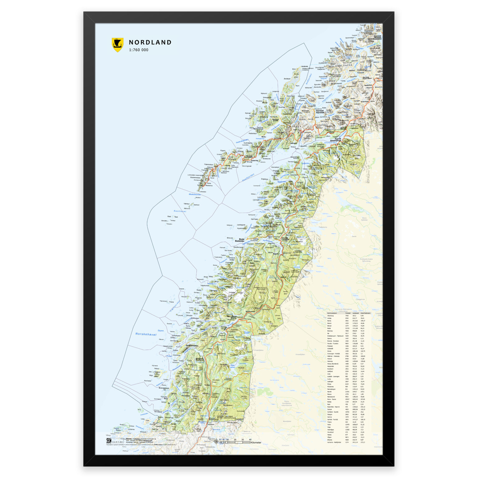 Kart over Nordland med kommuner | Plakat, plate eller innrammet