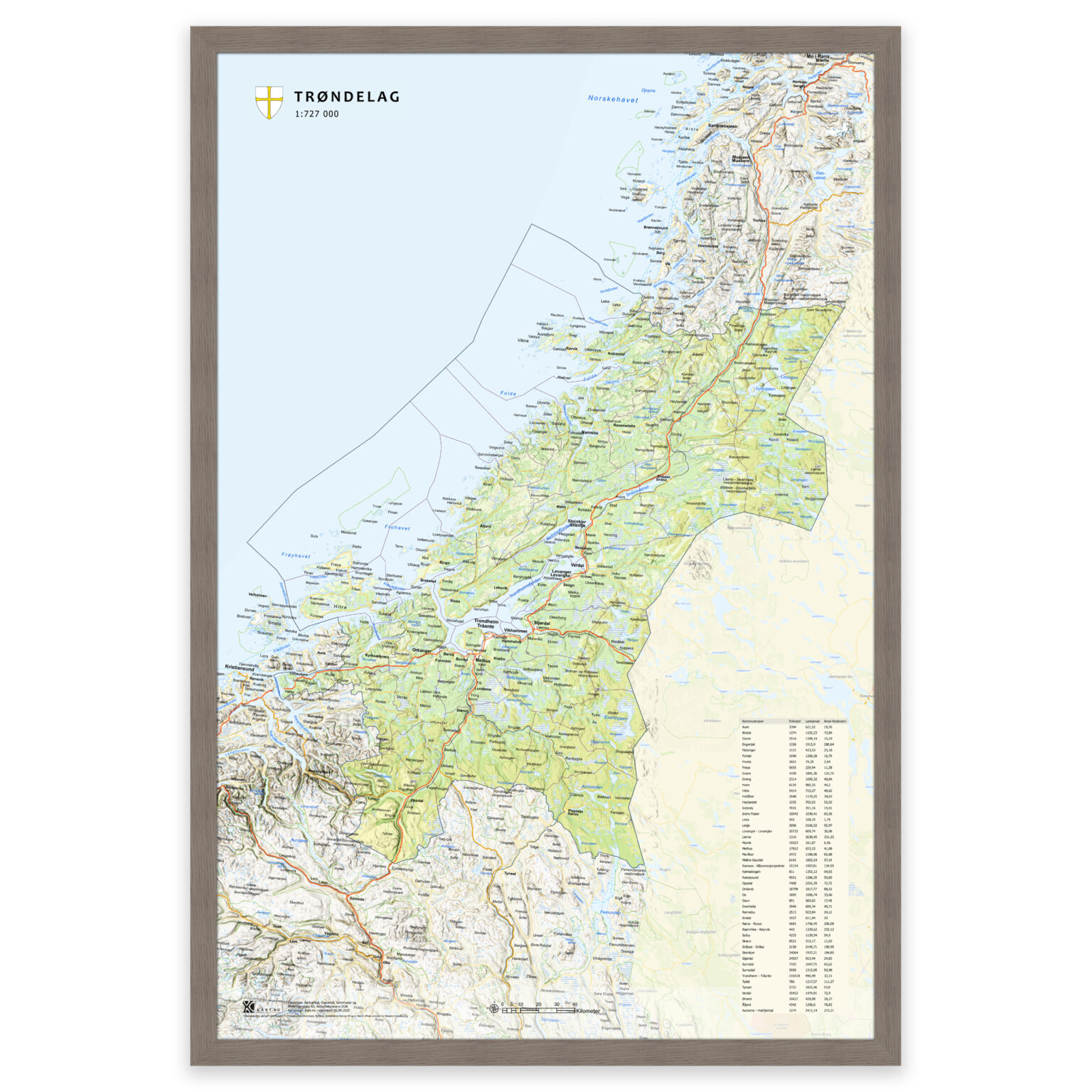 Kart over Trøndelag med kommuner | Plakat, plate eller innrammet