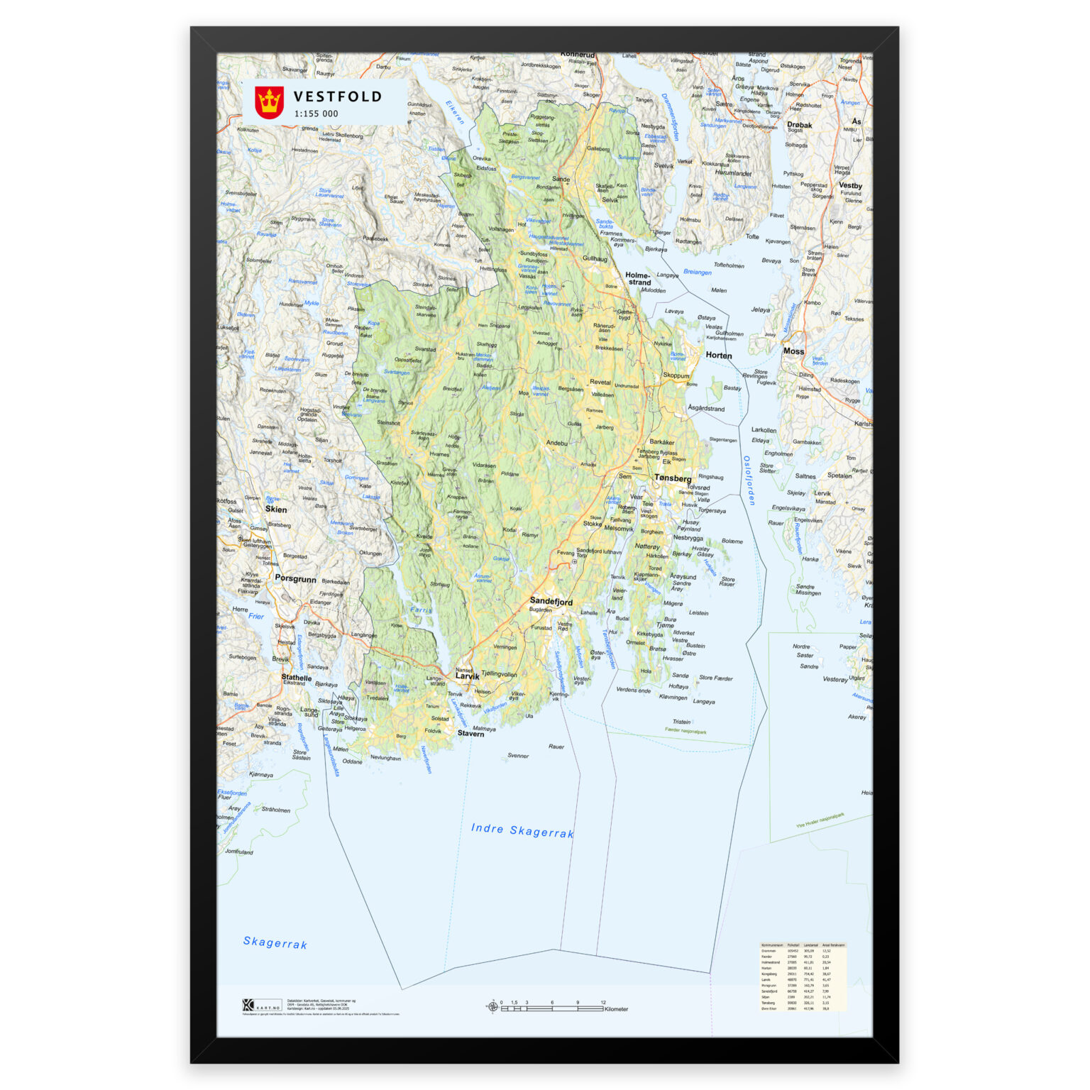 Kart over Vestfold med kommuner | Plakat, plate eller innrammet
