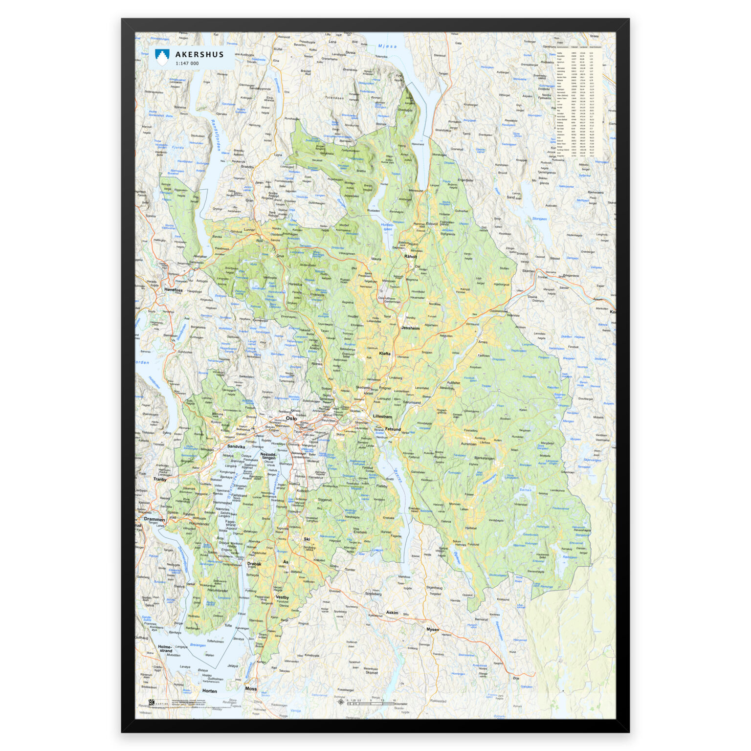 Kart over Akershus med kommuner | Plakat, plate eller innrammet