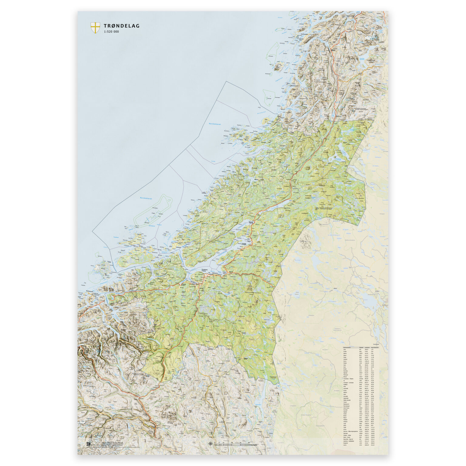 Kart over Trøndelag med kommuner | Plakat, plate eller innrammet