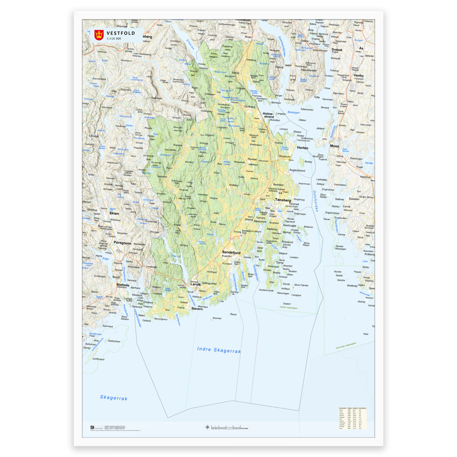 Kart over Vestfold fylke | Veggkart, plakat eller innrammet