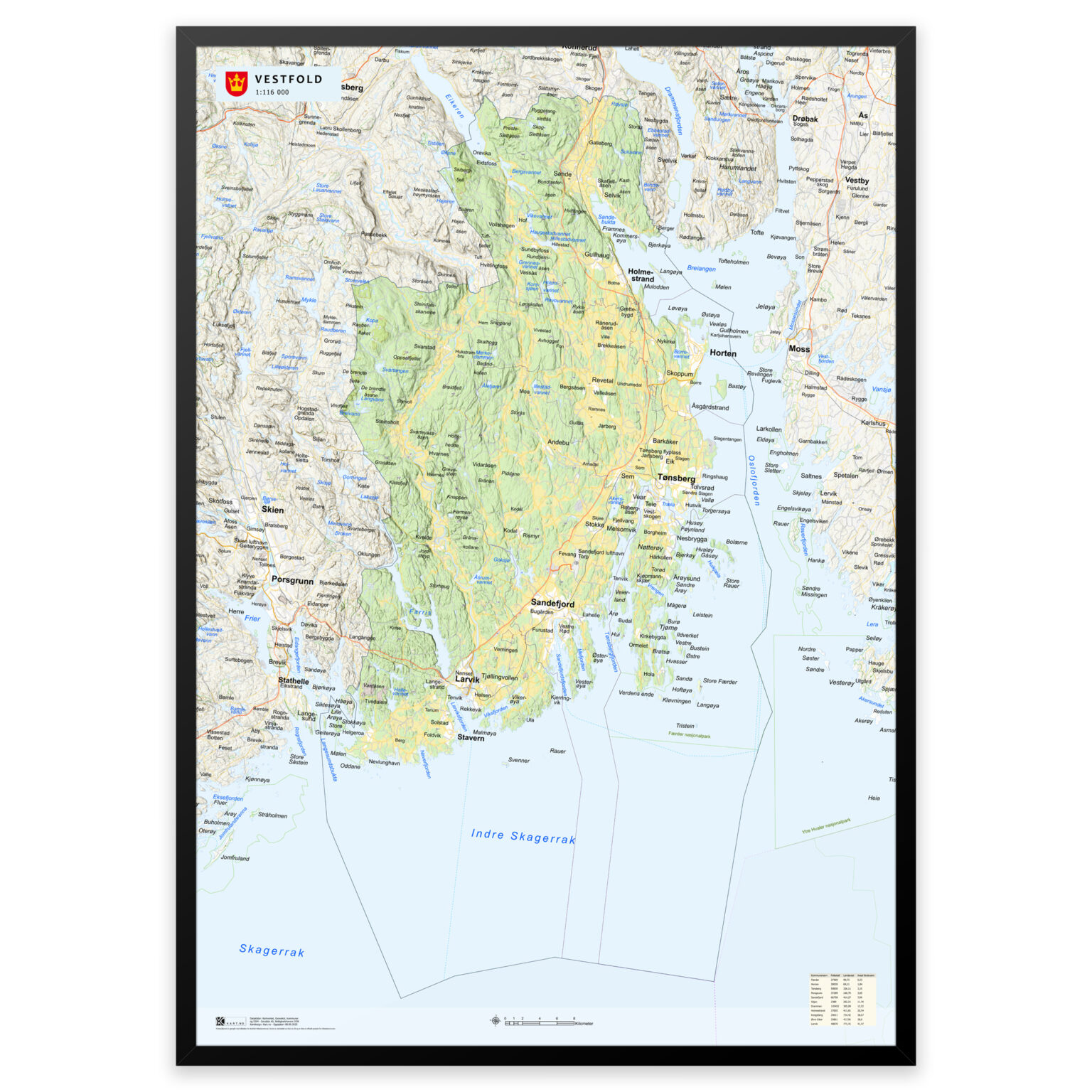 Kart over Vestfold med kommuner | Plakat, plate eller innrammet