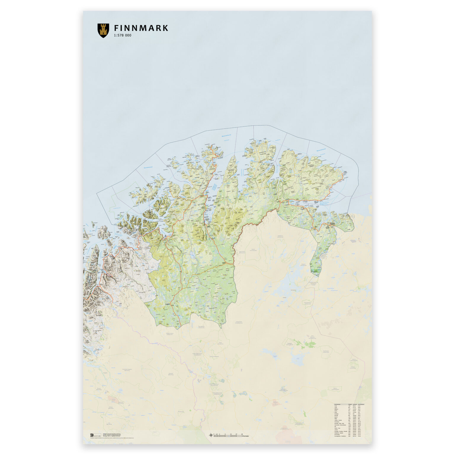 Kart over Finnmark med kommuner | Plakat, plate eller innrammet