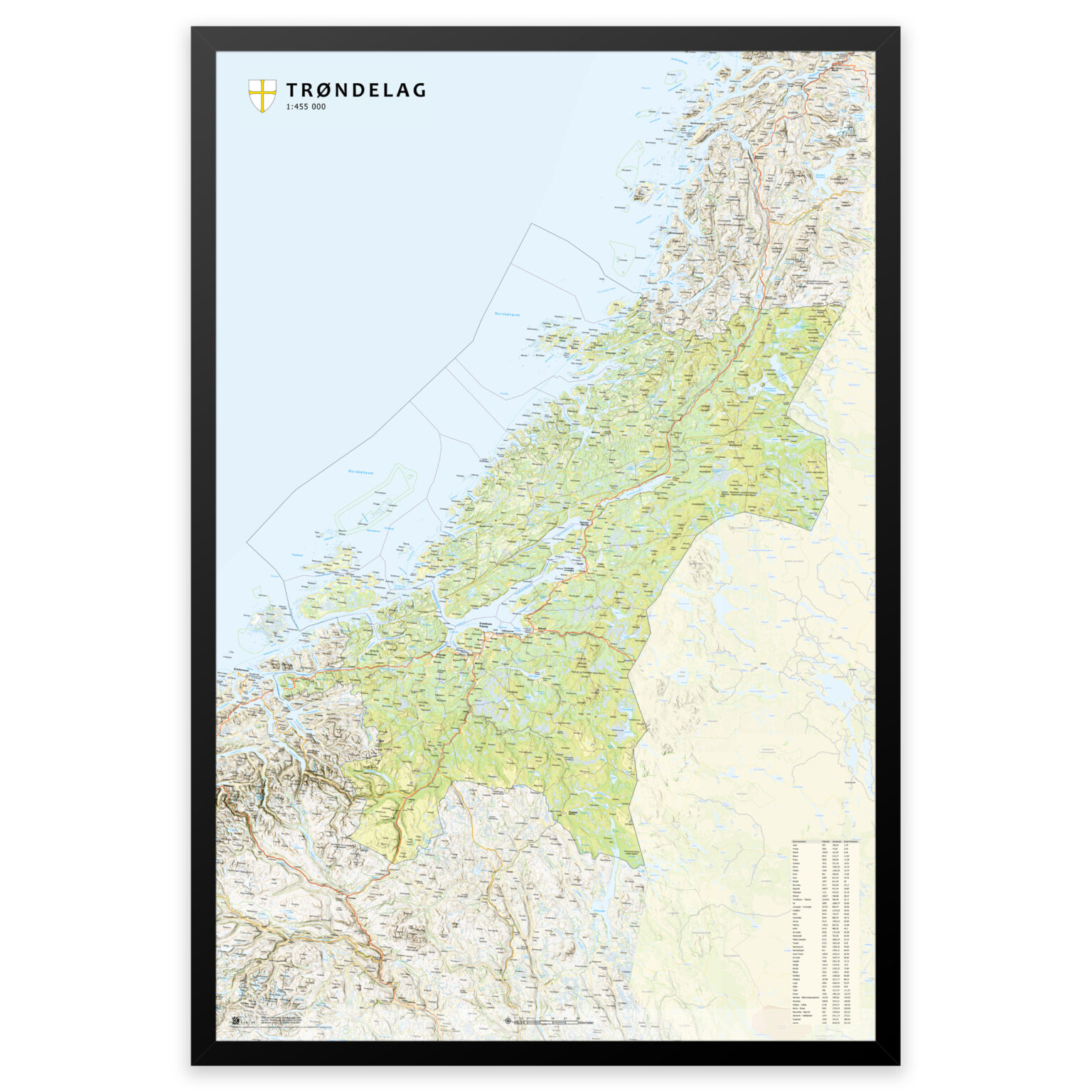 Kart over Trøndelag med kommuner | Plakat, plate eller innrammet
