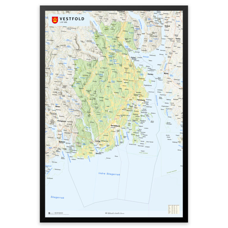 Kart over Vestfold fylke | Veggkart, plakat eller innrammet