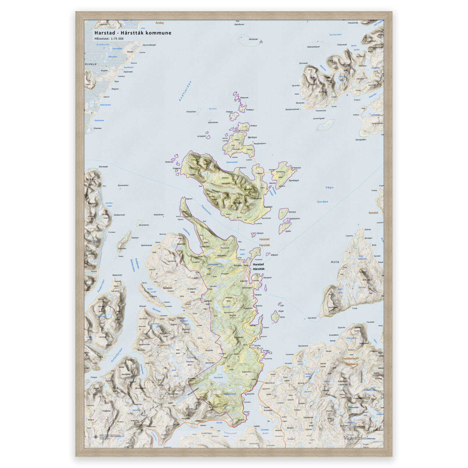 Kart over Harstad kommune | Veggkart, plakat eller innrammet