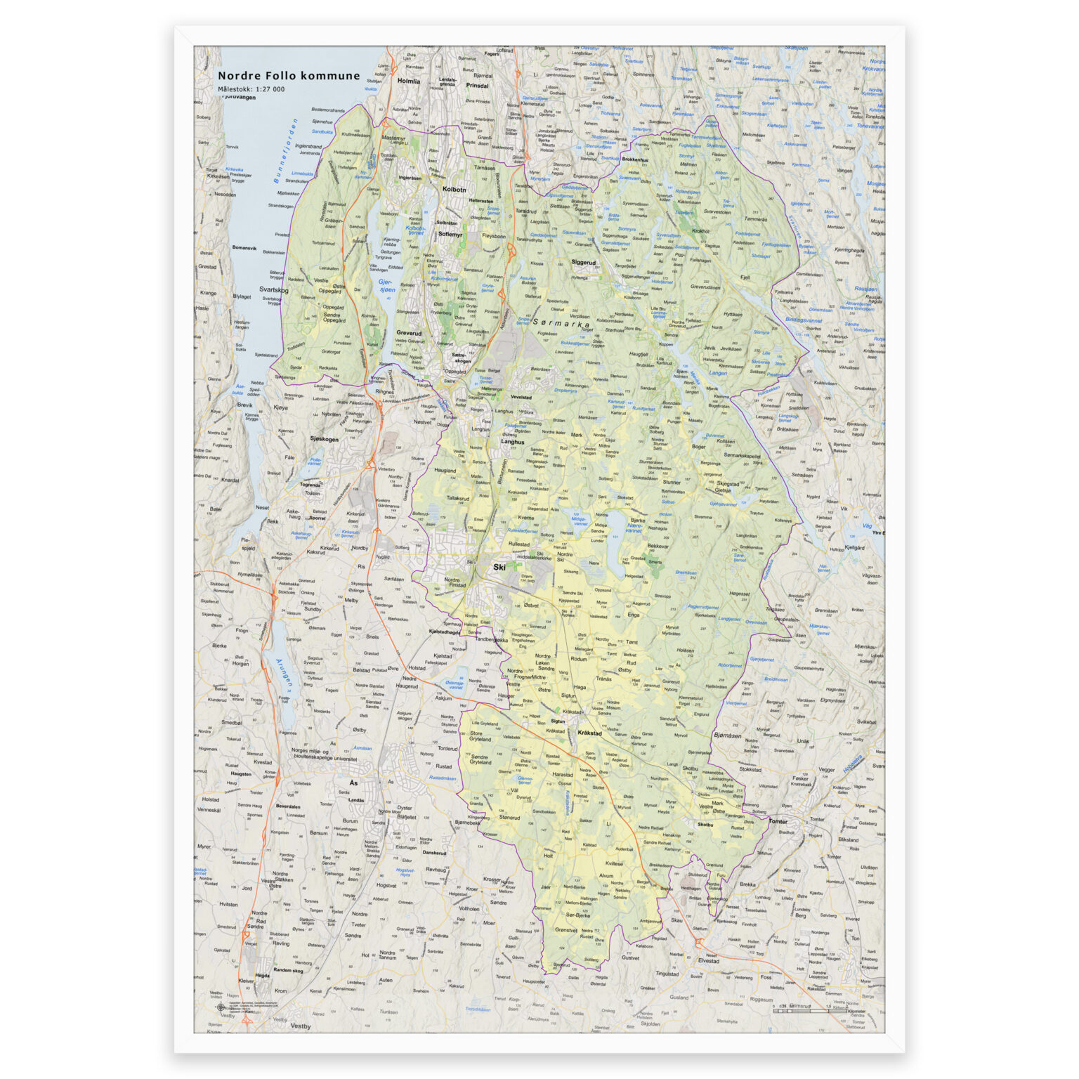 Kart over Nordre Follo kommune | Veggkart, plakat eller innrammet