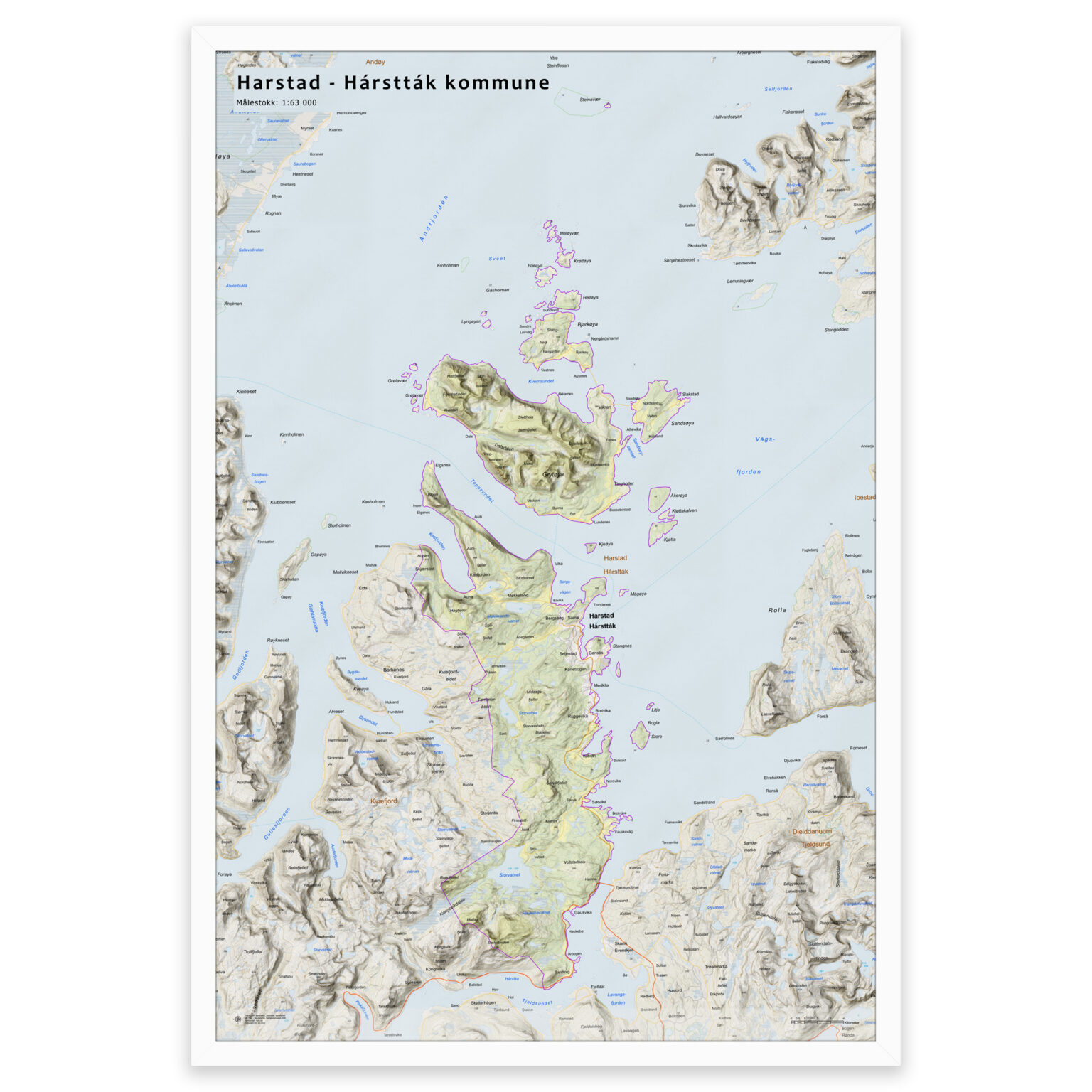 Kart over Harstad kommune | Veggkart, plakat eller innrammet