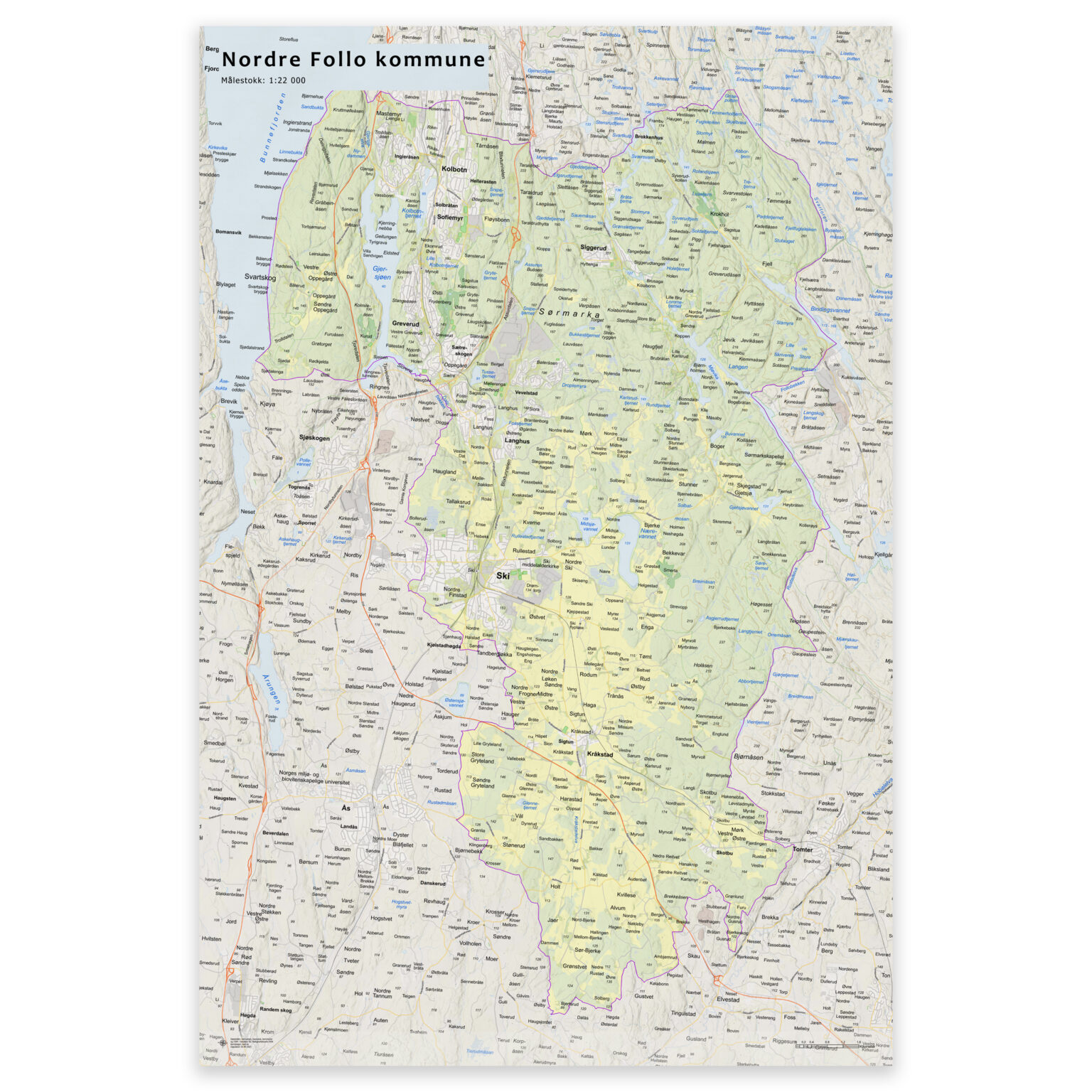 Kart over Nordre Follo kommune | Veggkart, plakat eller innrammet
