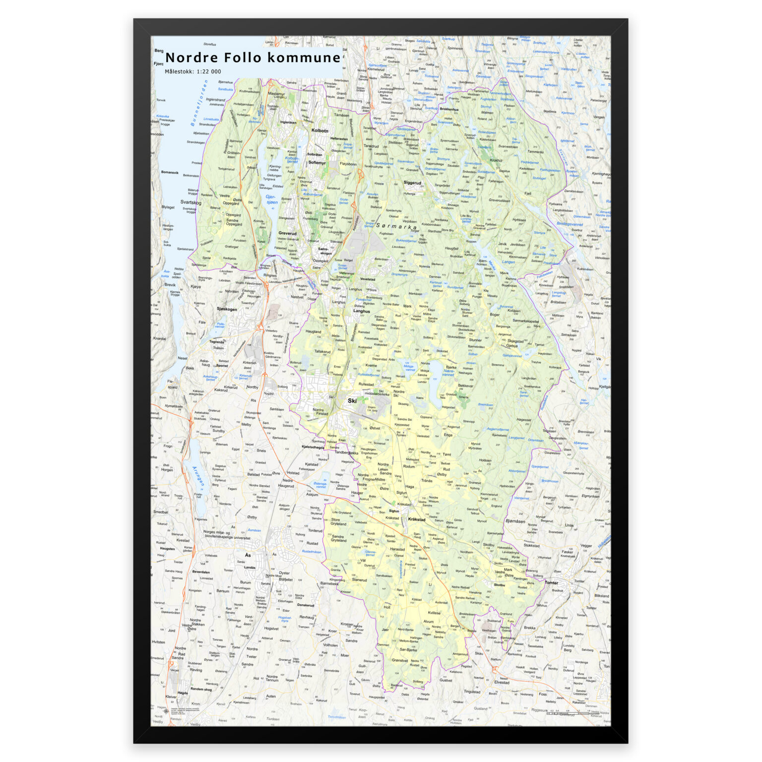 Kart over Nordre Follo kommune | Veggkart, plakat eller innrammet