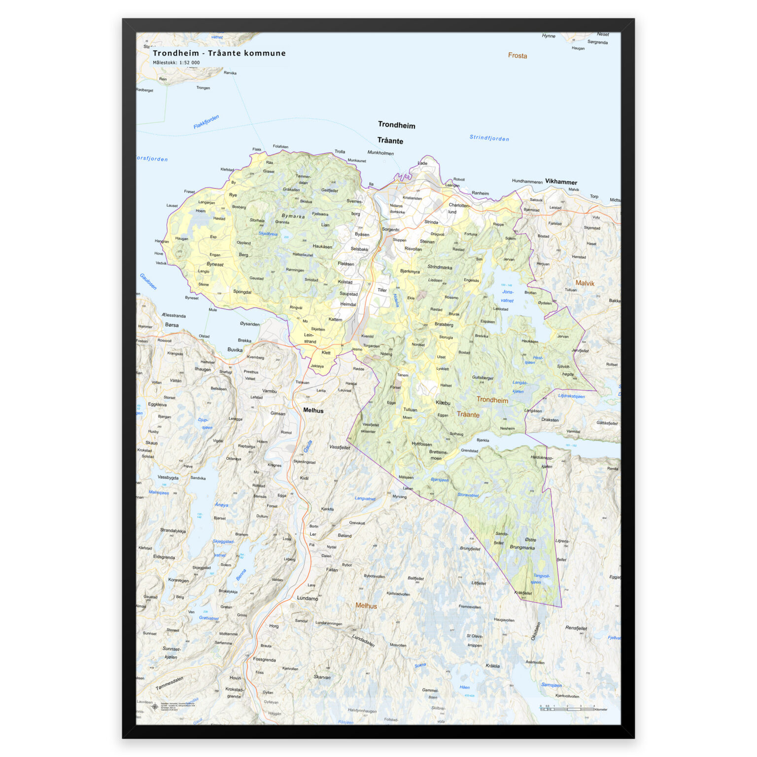 Kart over Trondheim kommune | Veggkart, plakat eller innrammet