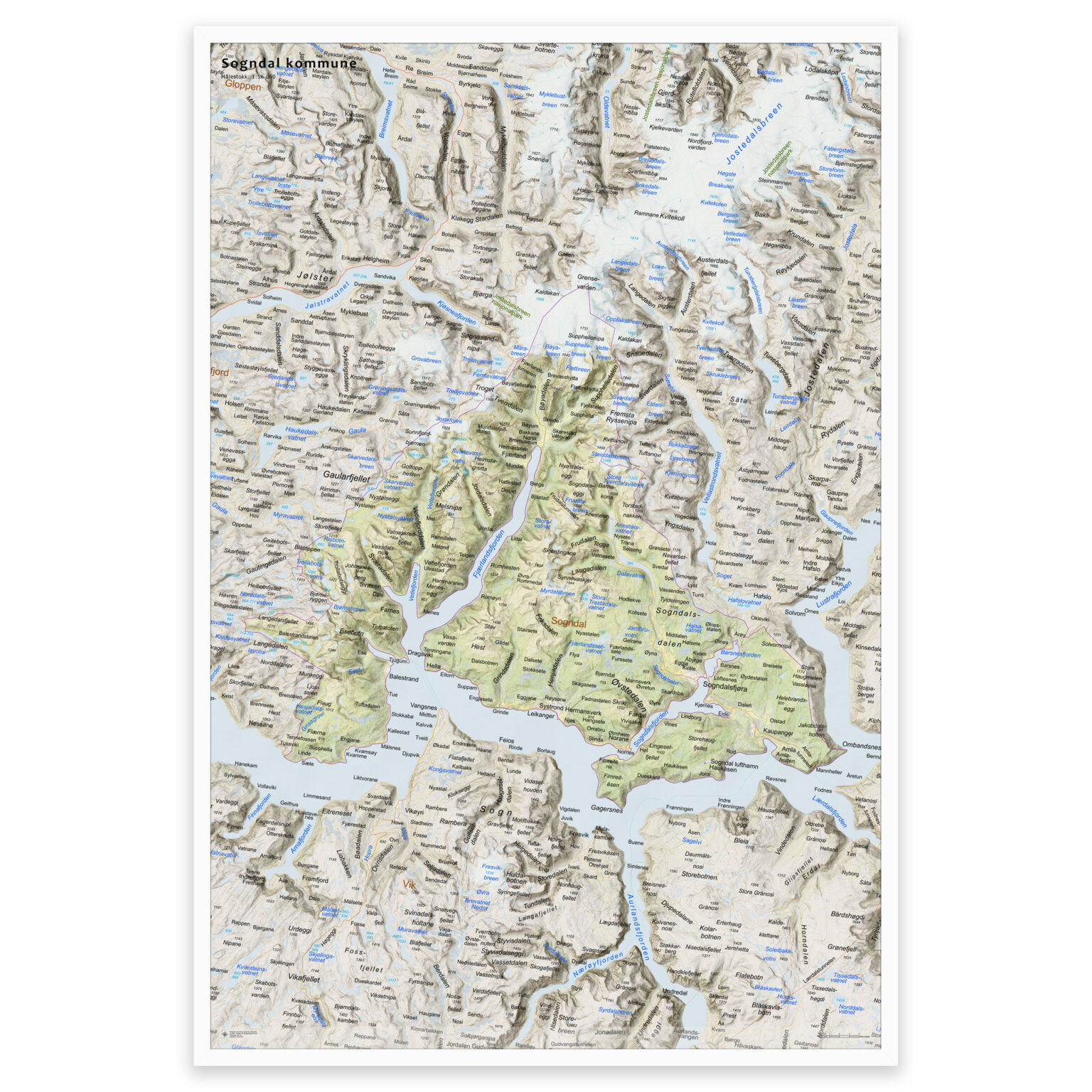 Kart over Sogndal kommune | Plakat, plate eller innrammet