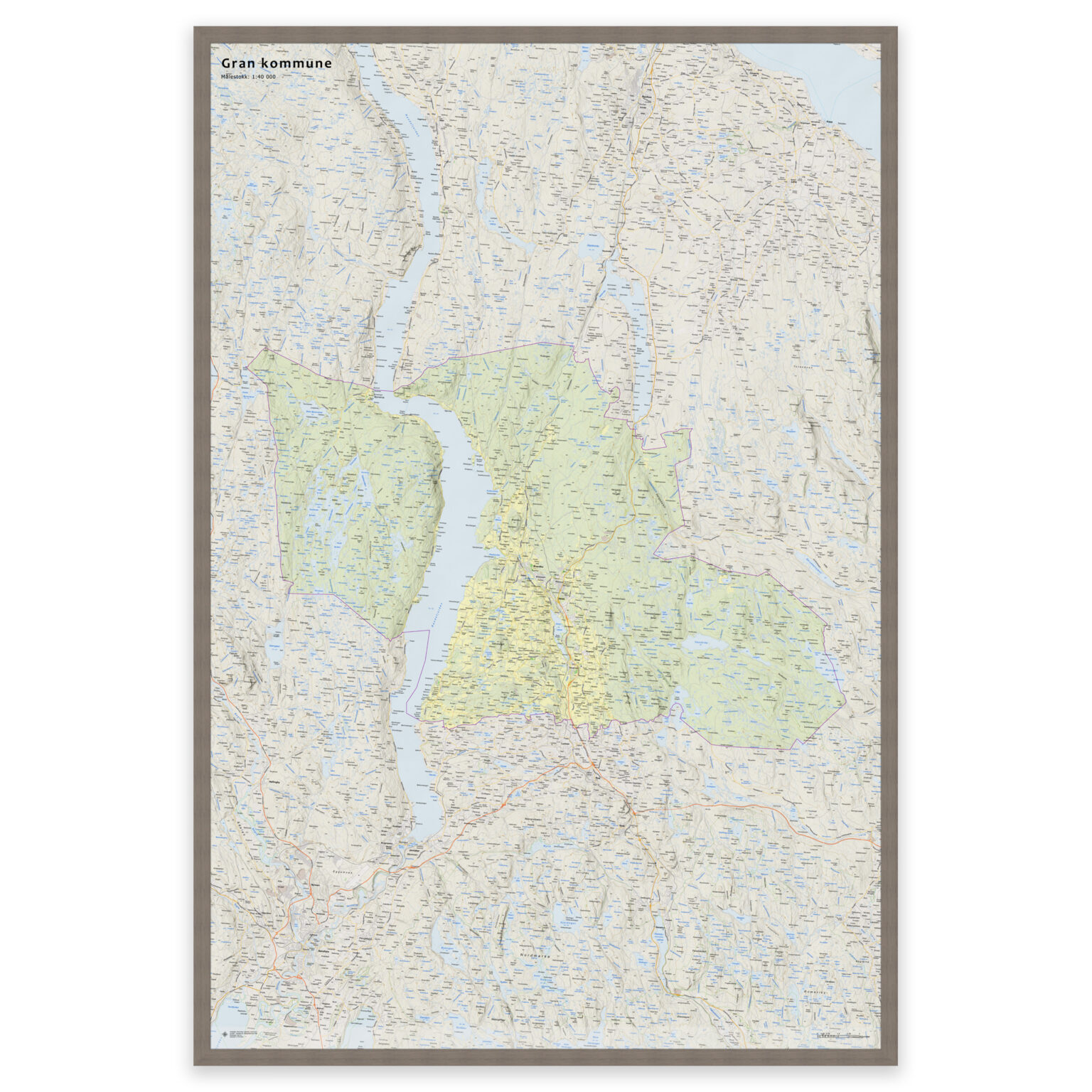 Kart over Gran kommune | Veggkart, plakat eller innrammet