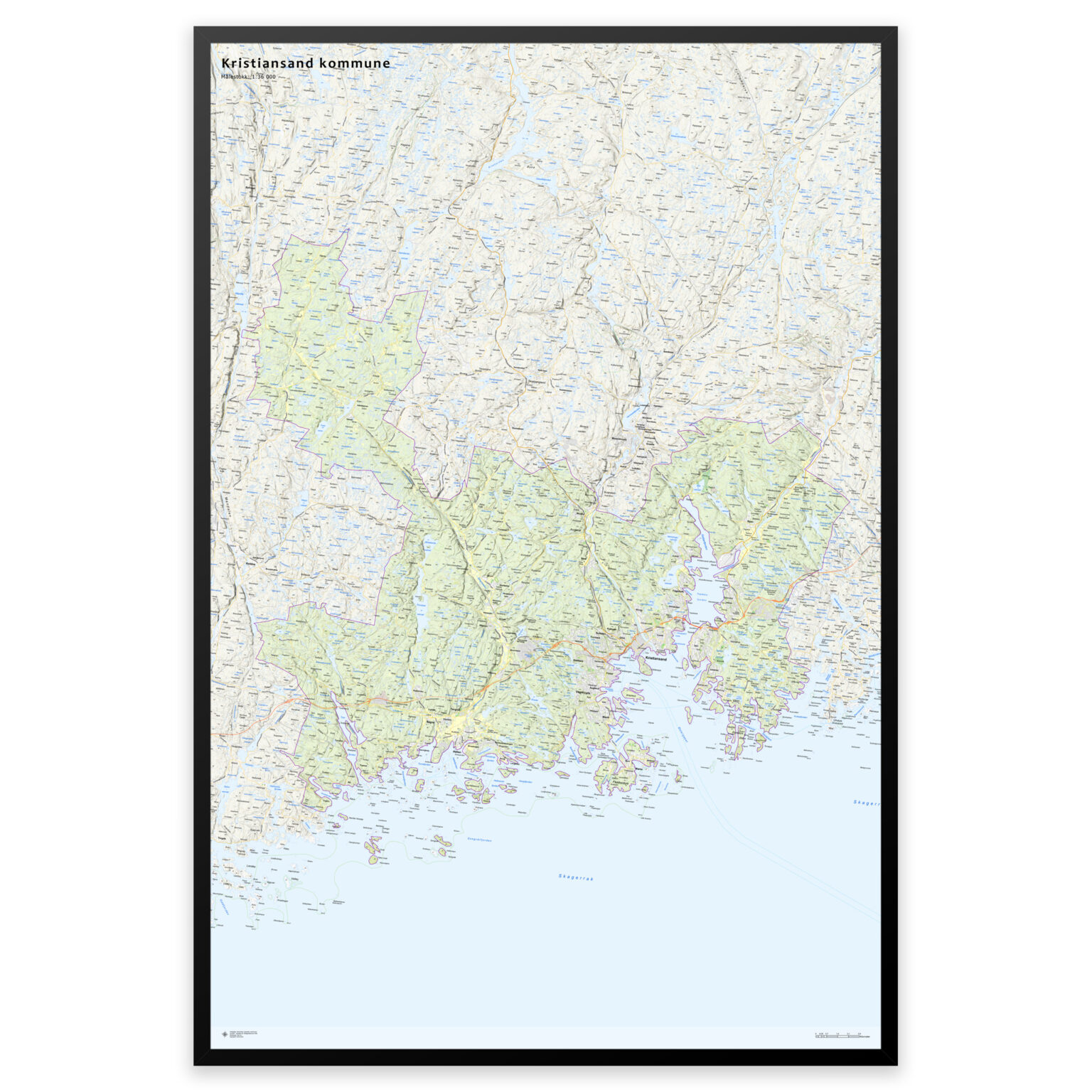 Kart over Kristiansand kommune | Veggkart, plakat eller innrammet