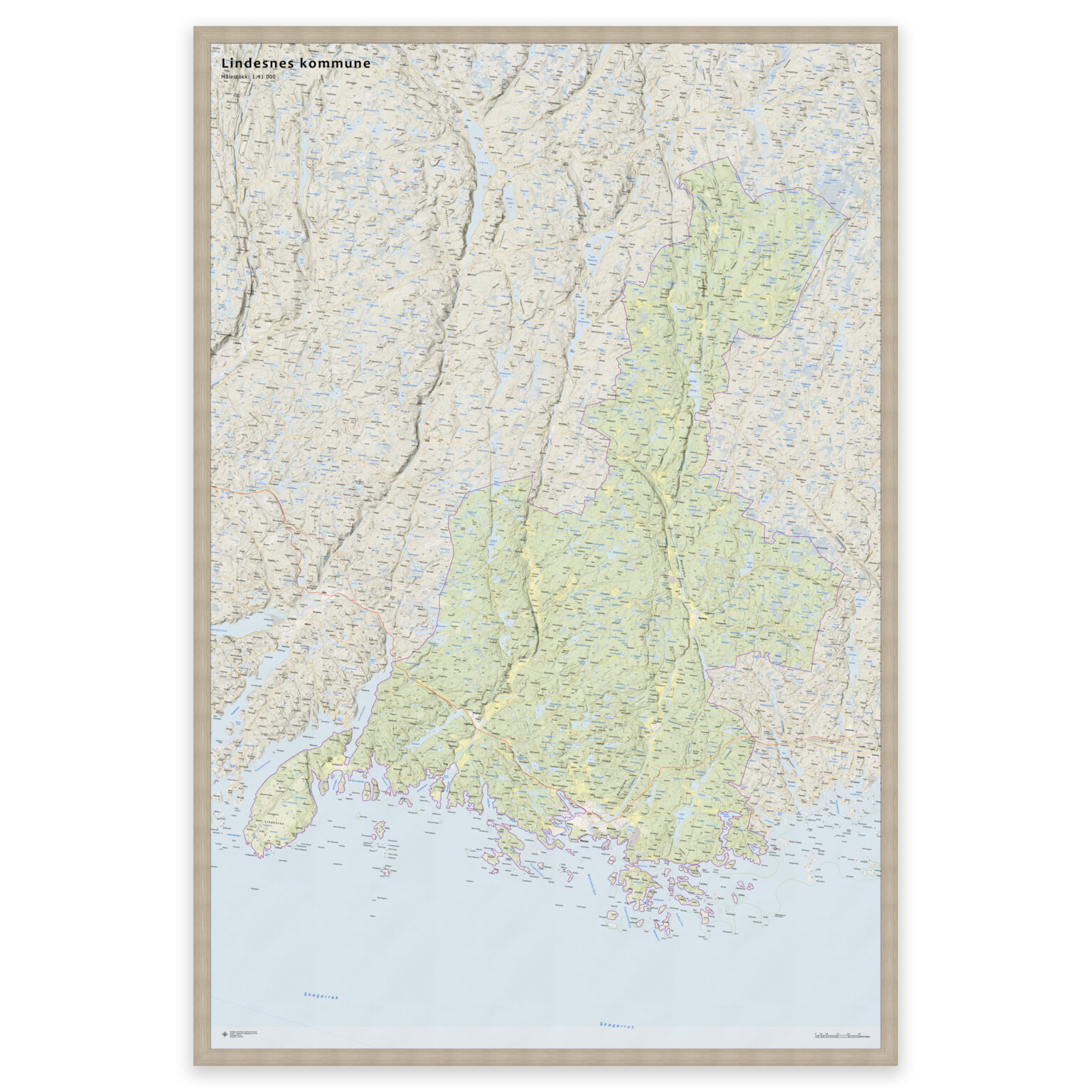 Kart over Lindesnes kommune | Plakat, plate eller innrammet