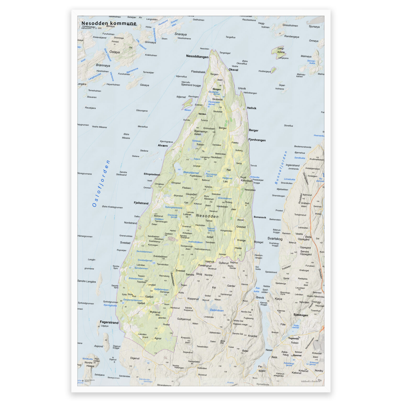 Kart over Nesodden kommune | Plakat, plate eller innrammet
