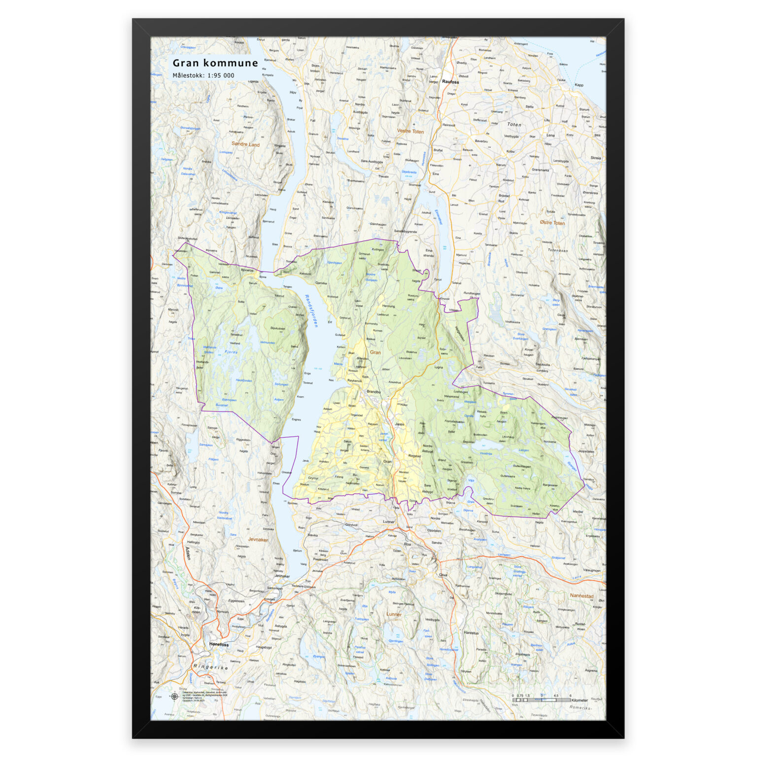 Kart over Gran kommune | Veggkart, plakat eller innrammet