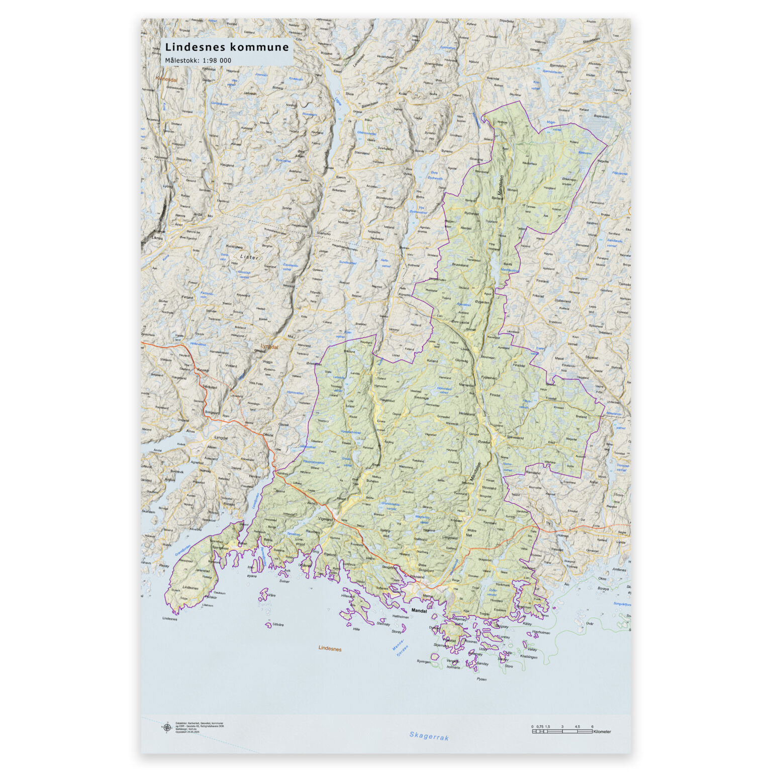 Kart over Lindesnes kommune | Veggkart, plakat eller innrammet