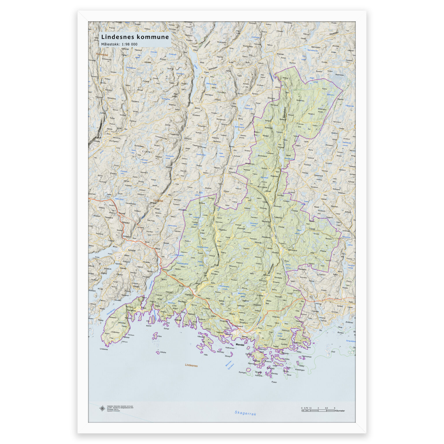 Kart over Lindesnes kommune | Veggkart, plakat eller innrammet