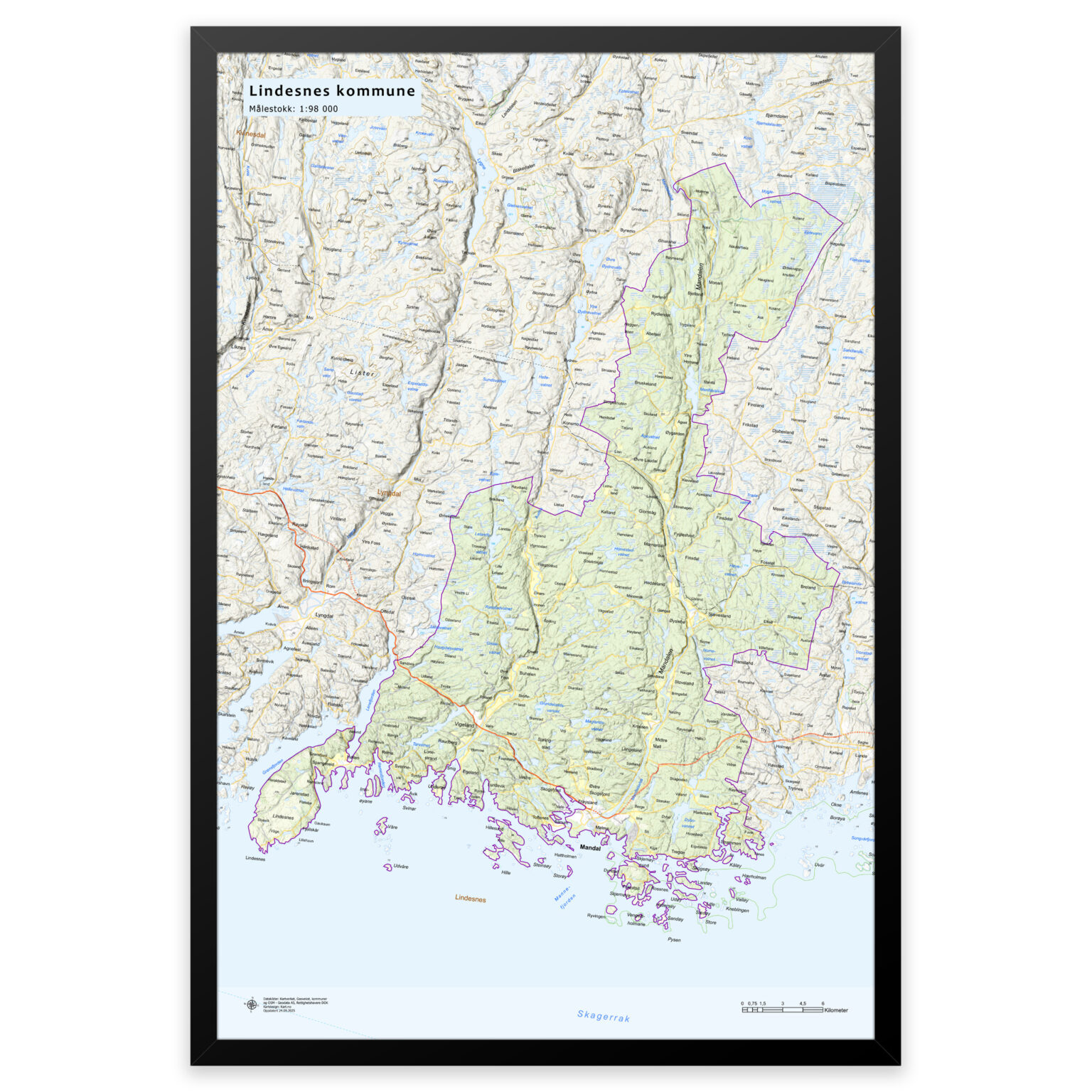 Kart over Lindesnes kommune | Veggkart, plakat eller innrammet