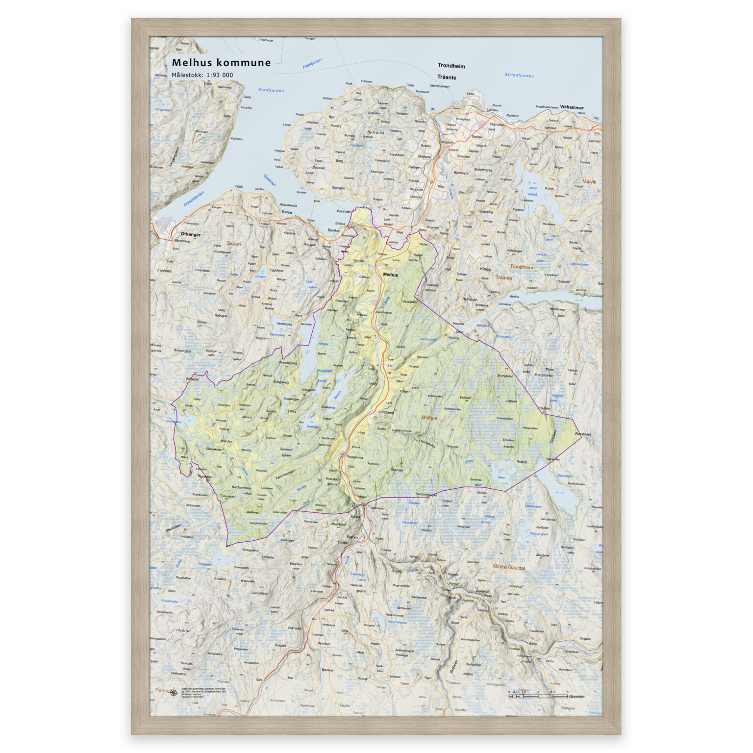 Kart over Melhus kommune | Veggkart, plakat eller innrammet