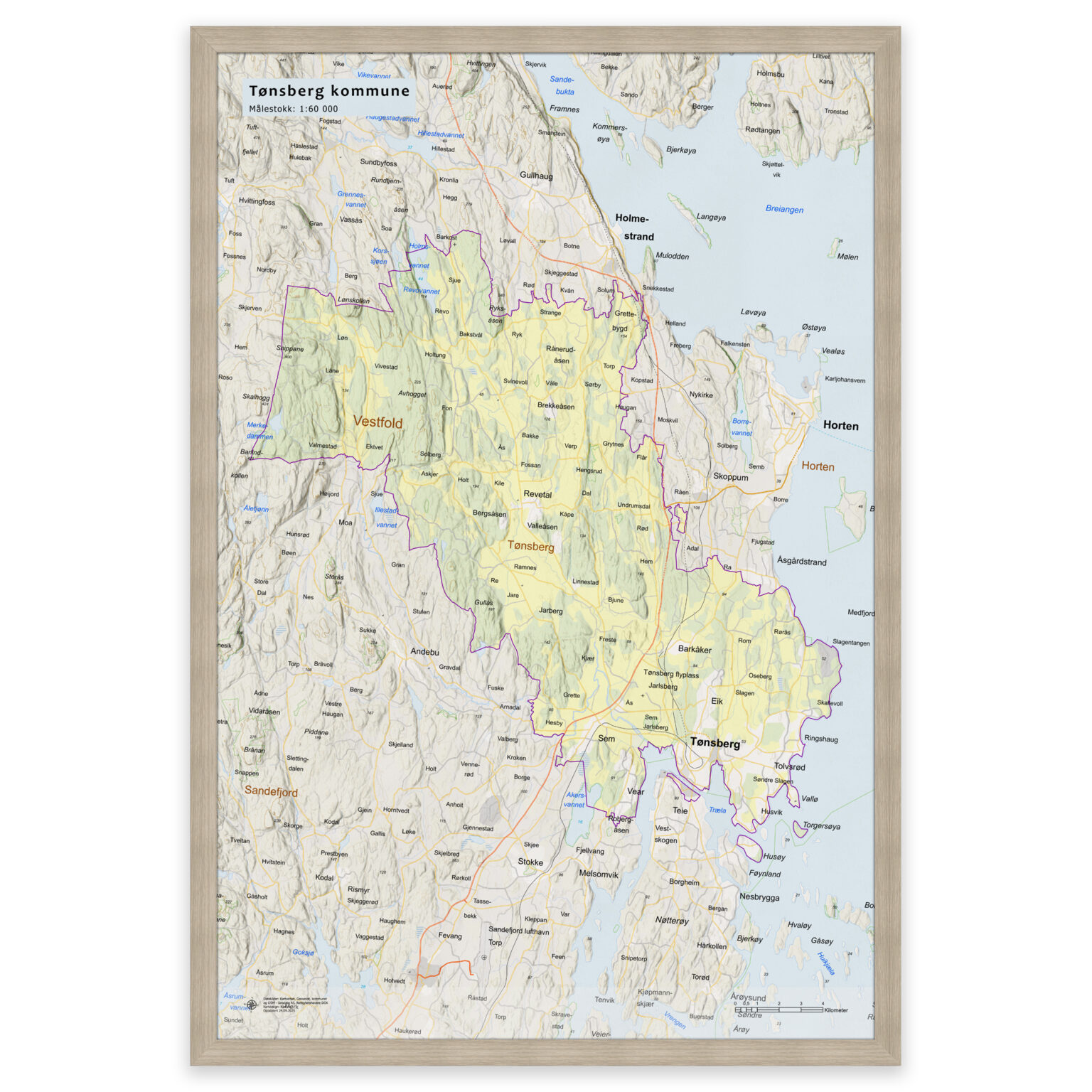 Kart over Tønsberg kommune | Veggkart, plakat eller innrammet
