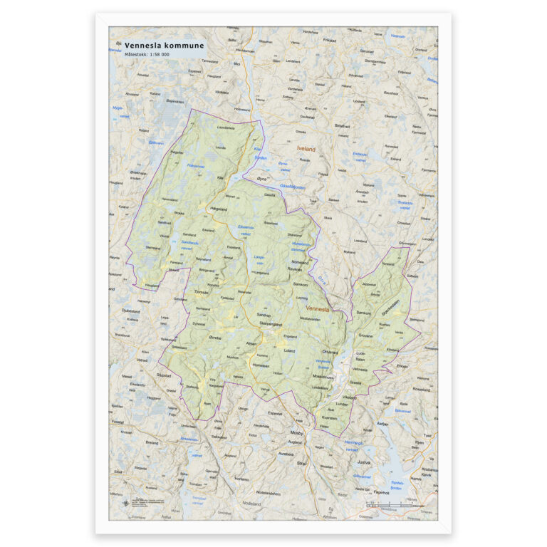 Kart over Vennesla kommune | Veggkart, plakat eller innrammet
