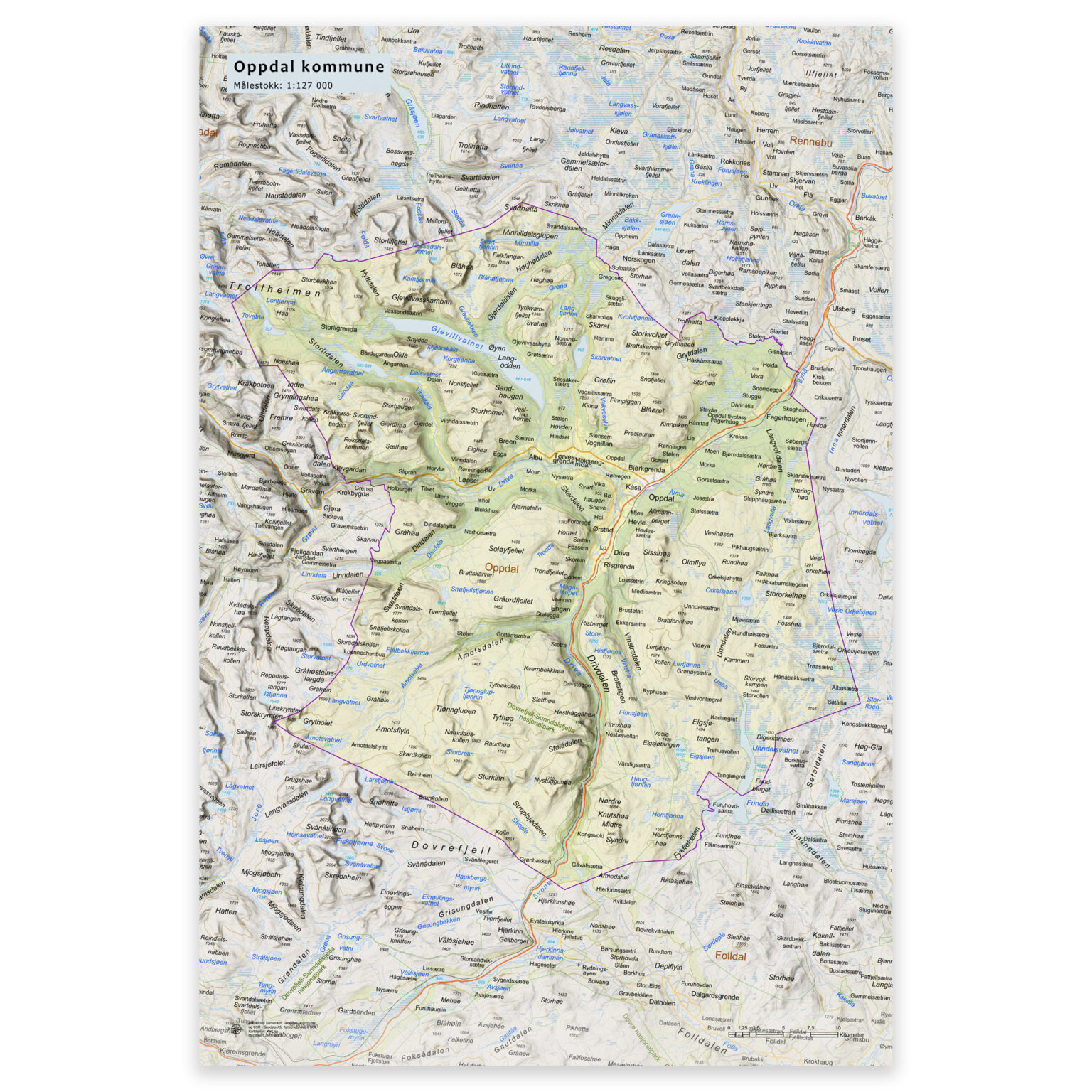 Kart over Oppdal kommune | Veggkart, plakat eller innrammet