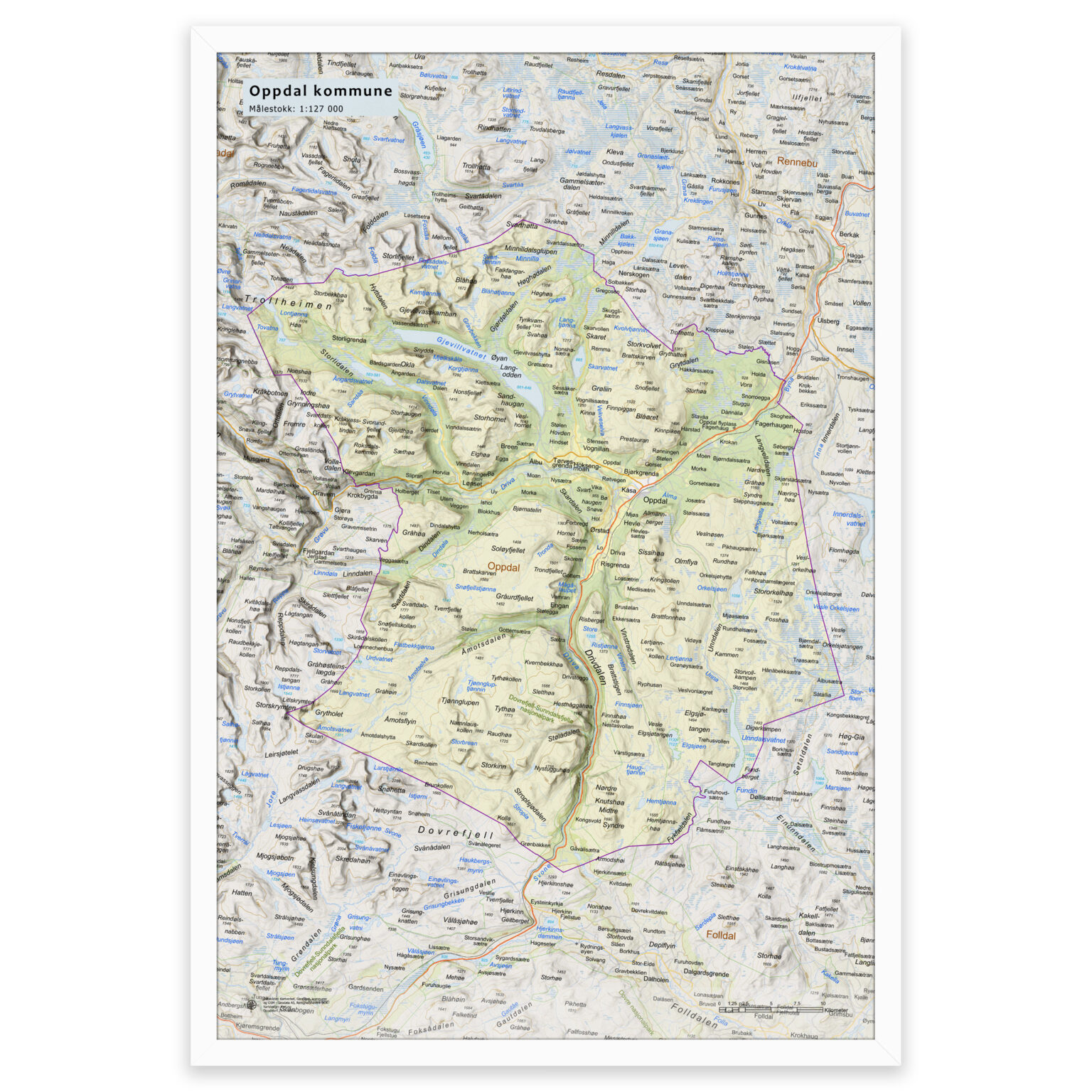 Kart over Oppdal kommune | Veggkart, plakat eller innrammet
