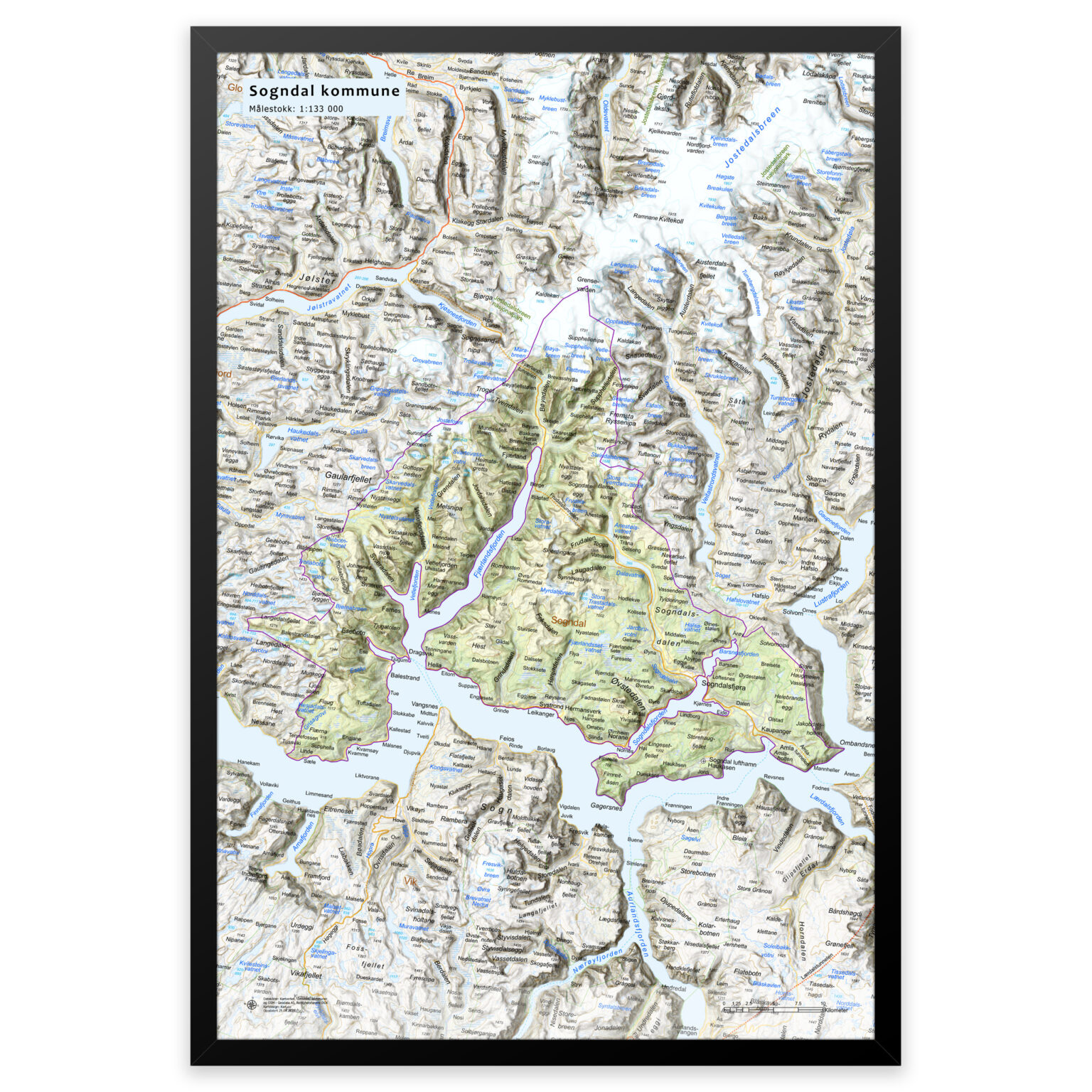 Kart over Sogndal kommune | Veggkart, plakat eller innrammet