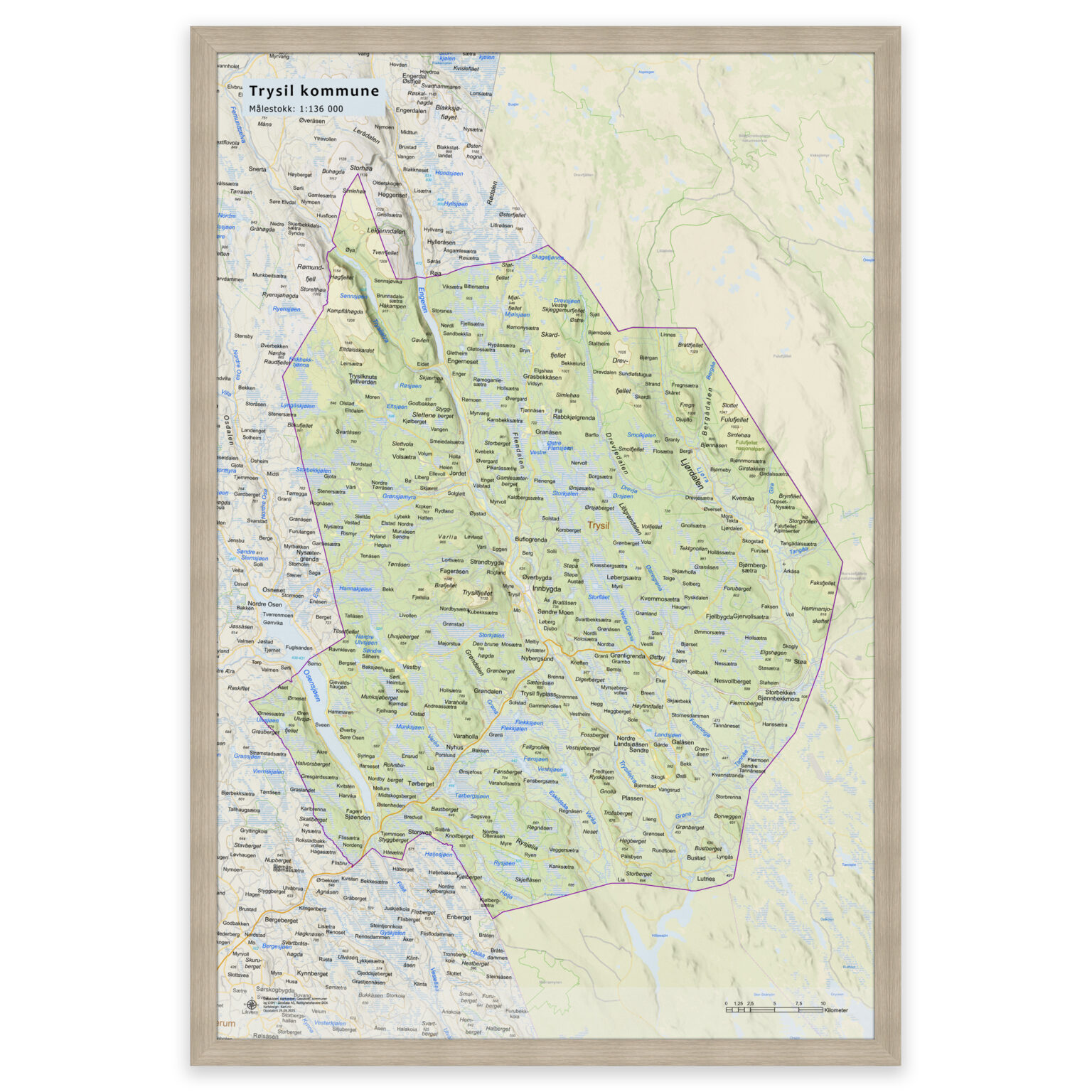 Kart over Trysil kommune | Veggkart, plakat eller innrammet