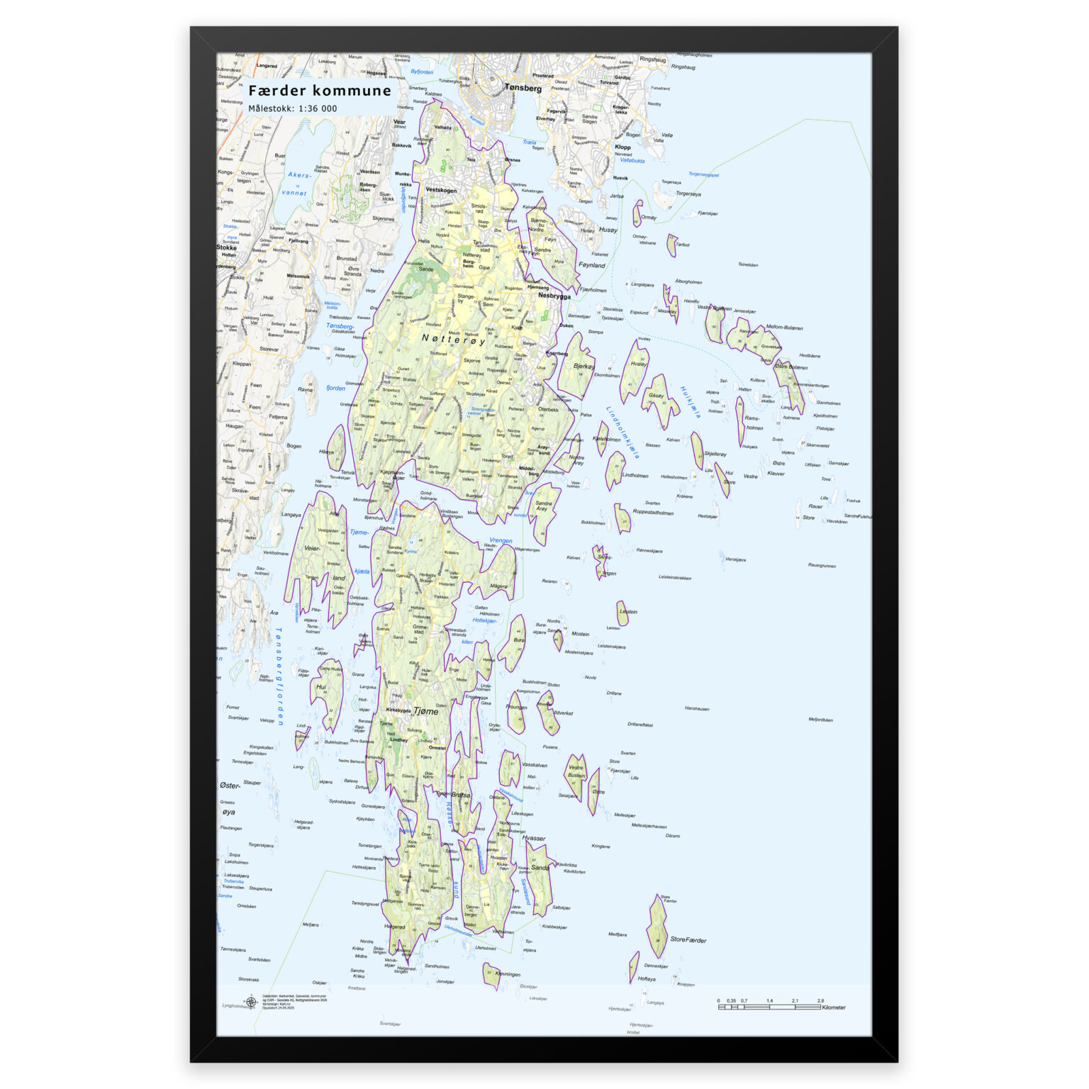 Kart over Færder kommune | Plakat, plate eller innrammet