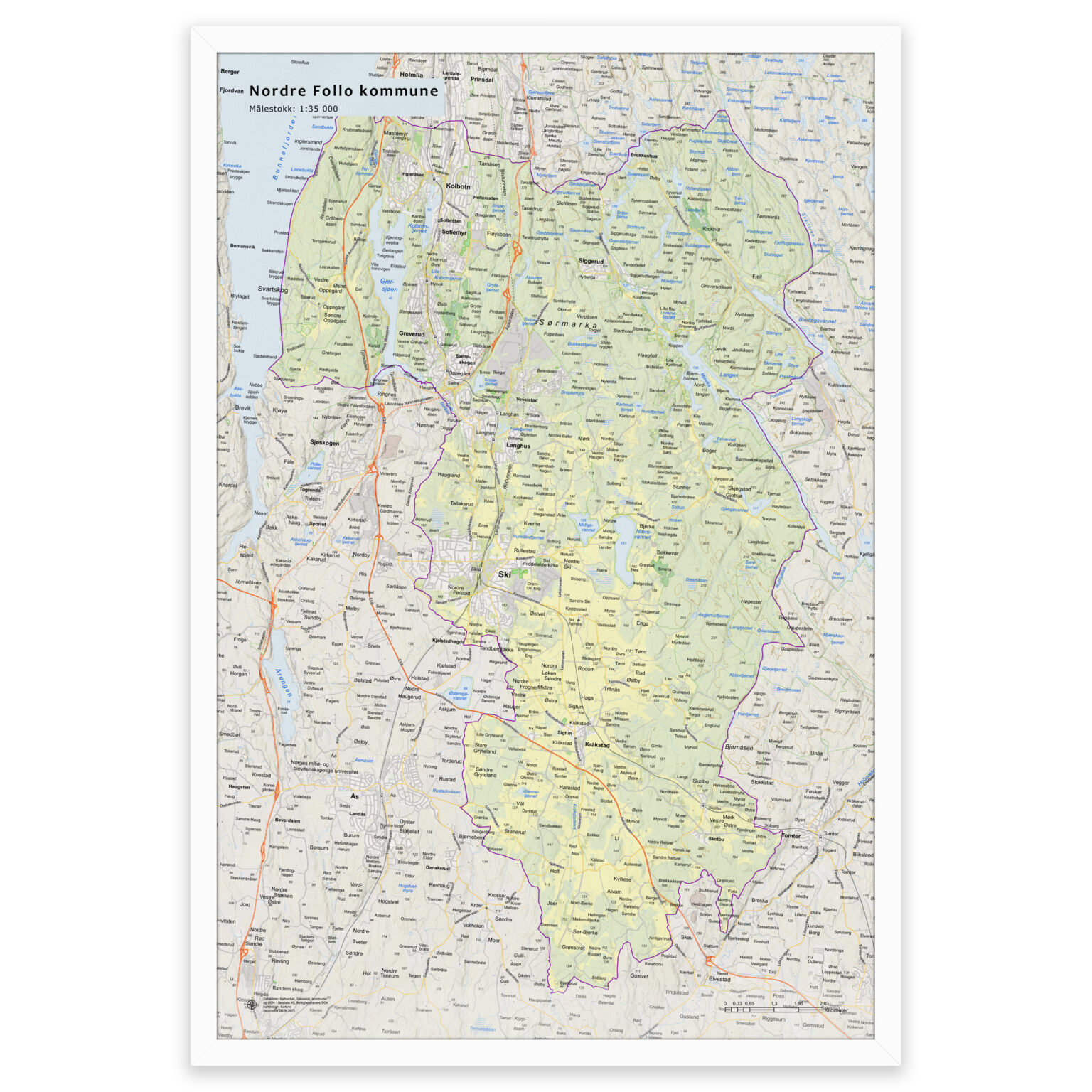 Kart over Nordre Follo kommune | Plakat, plate eller innrammet