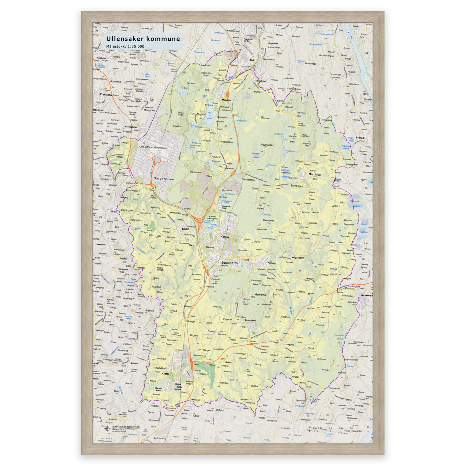 Kart over Ullensaker kommune | Veggkart, plakat eller innrammet