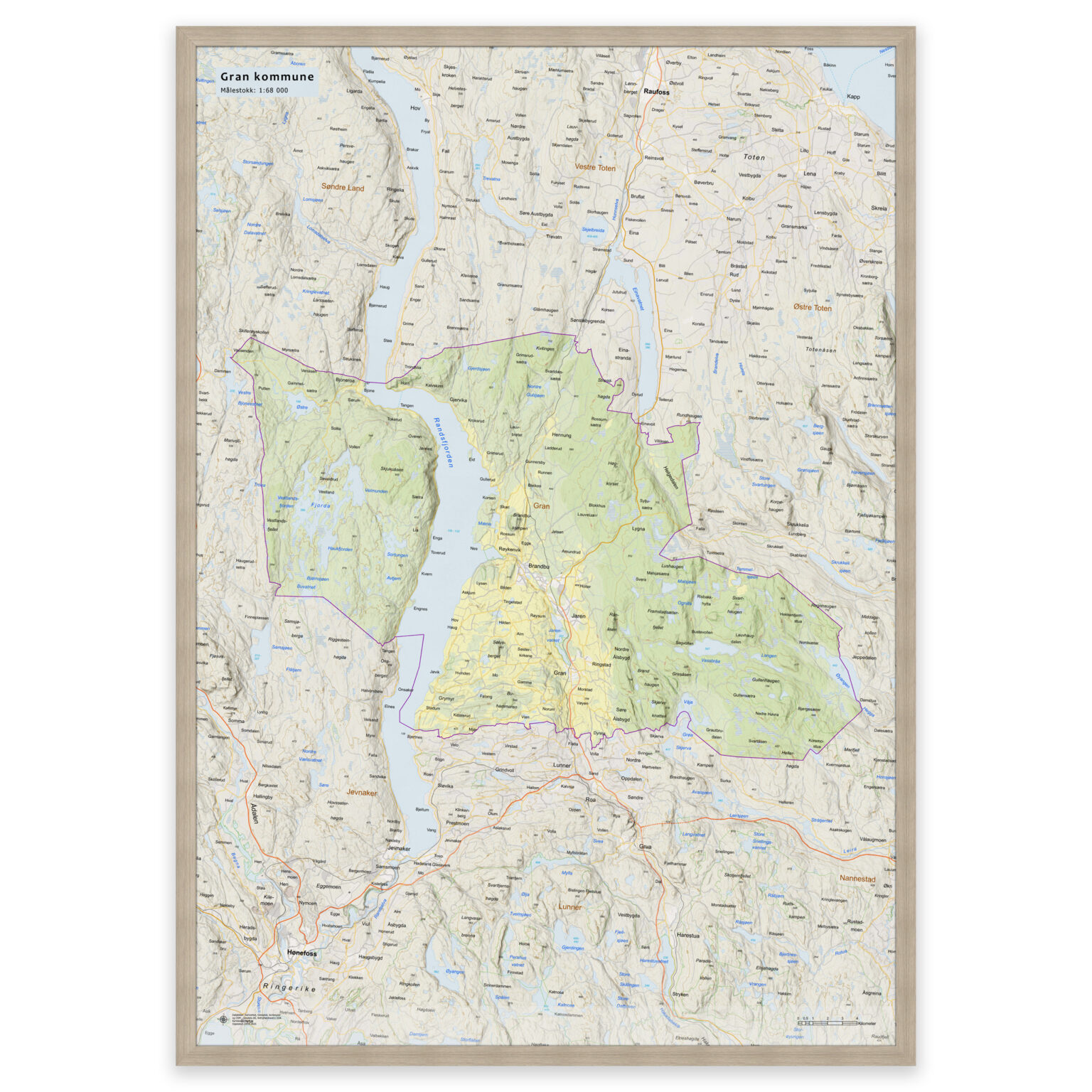 Kart over Gran kommune | Veggkart, plakat eller innrammet