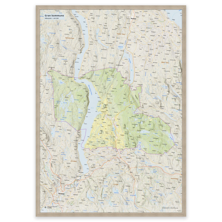 Kart over Gran kommune | Veggkart, plakat eller innrammet